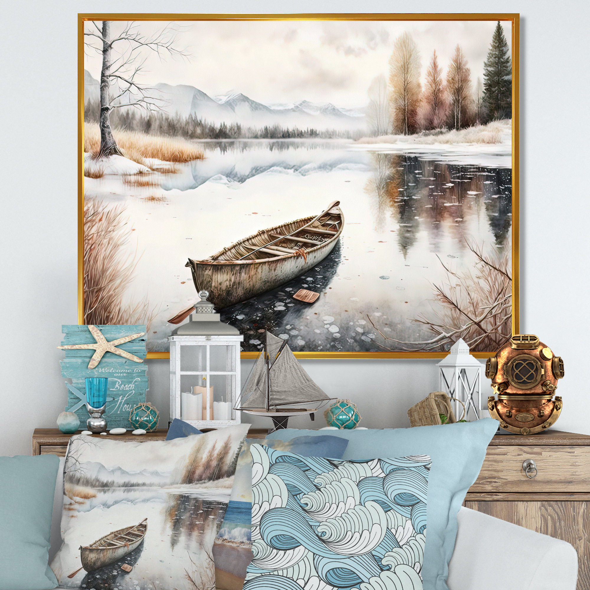 Millwood Pines Winter Scene with Canoe I - Floater Frame Print on ...