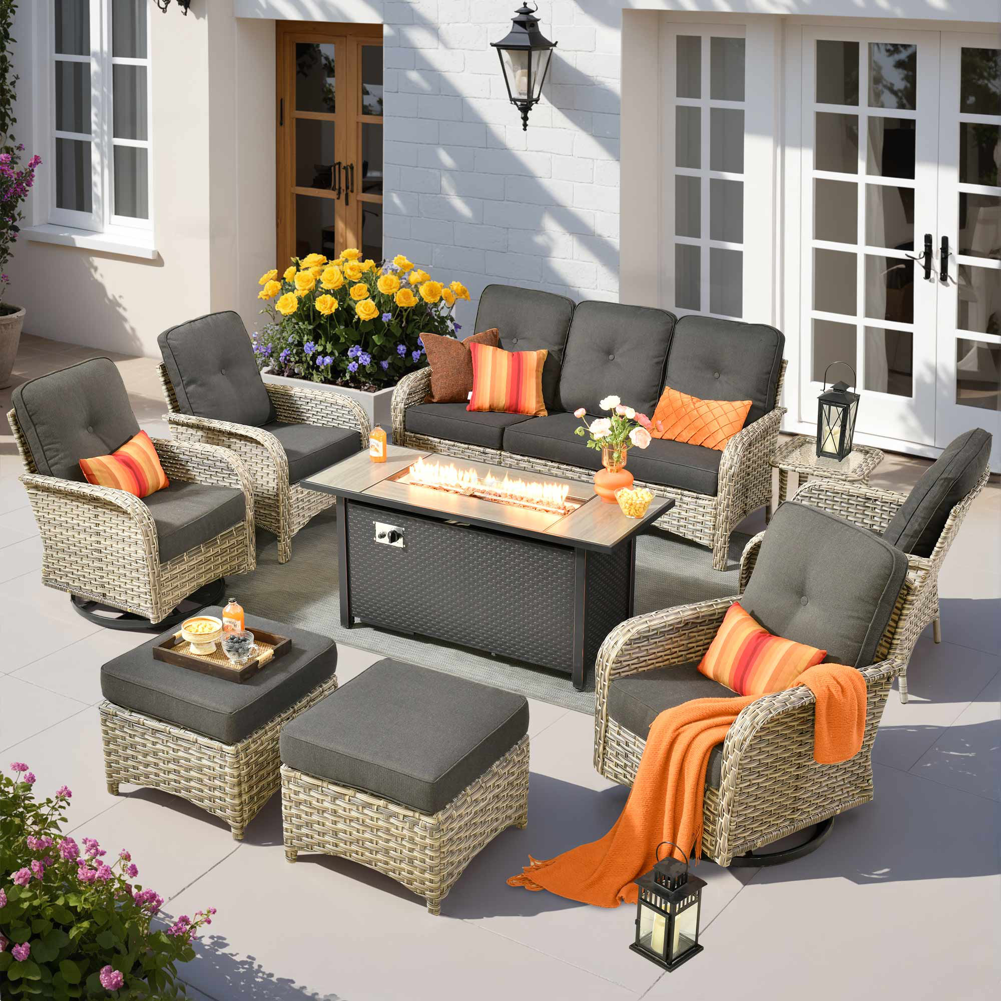 Lark Manor™ Heshum 9 Pieces Patio Furniture Set With 54" Fire Pit Table ...