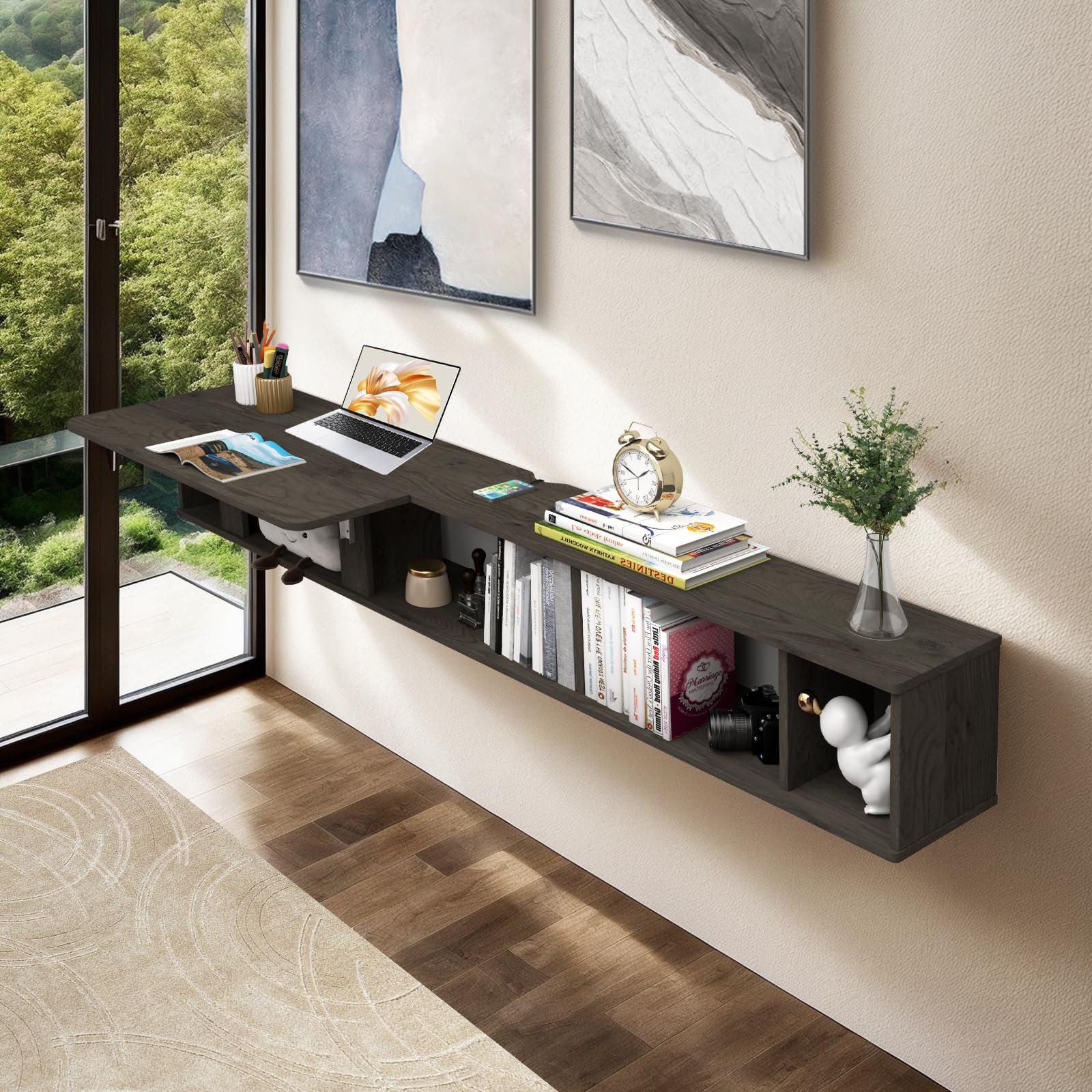 Latitude Run® Floating Desk With Storage Shelves, Wall Mounted, For ...