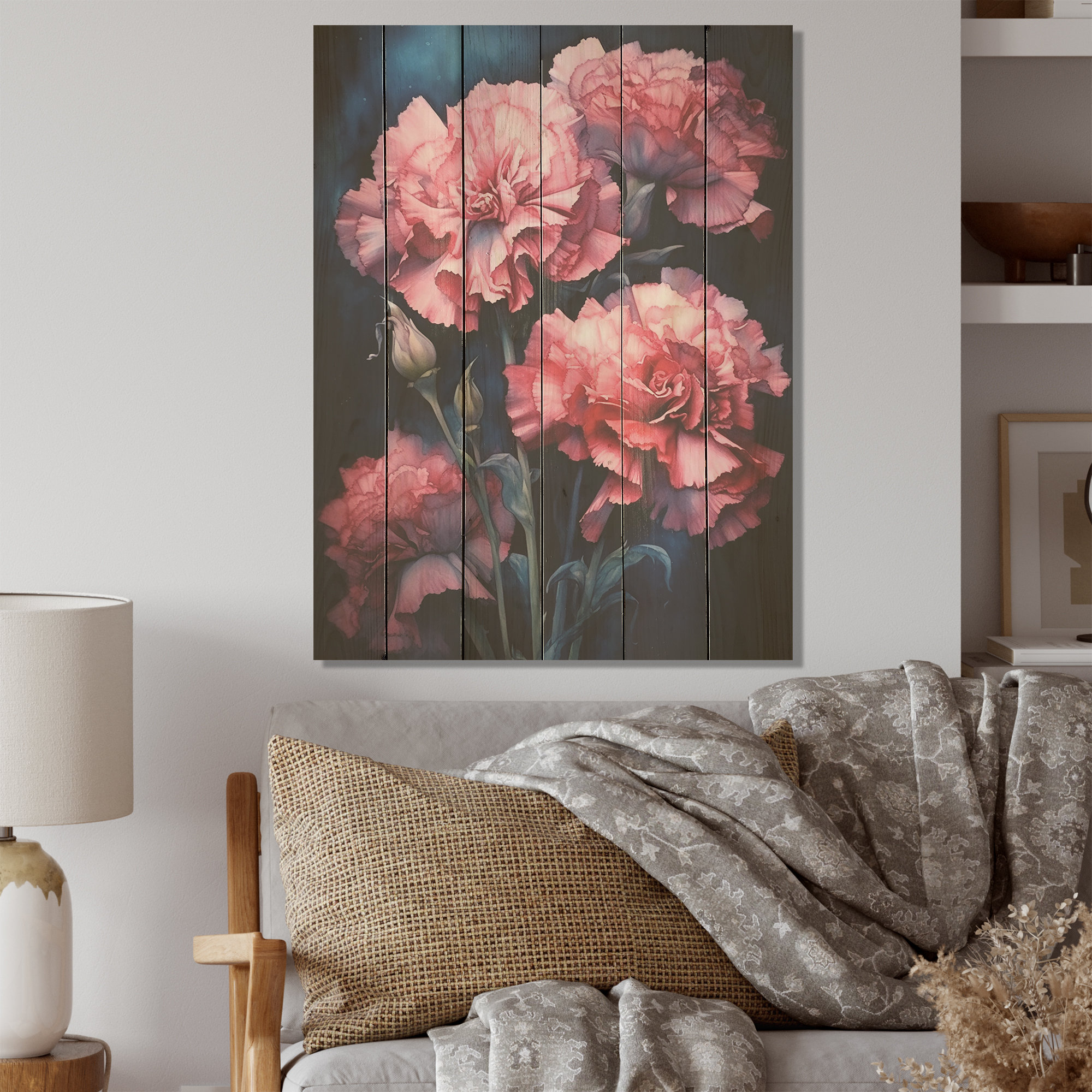 Lark Manor™ Pink Carnation On Navy Blue Ink - Carnations Wood Wall Art ...