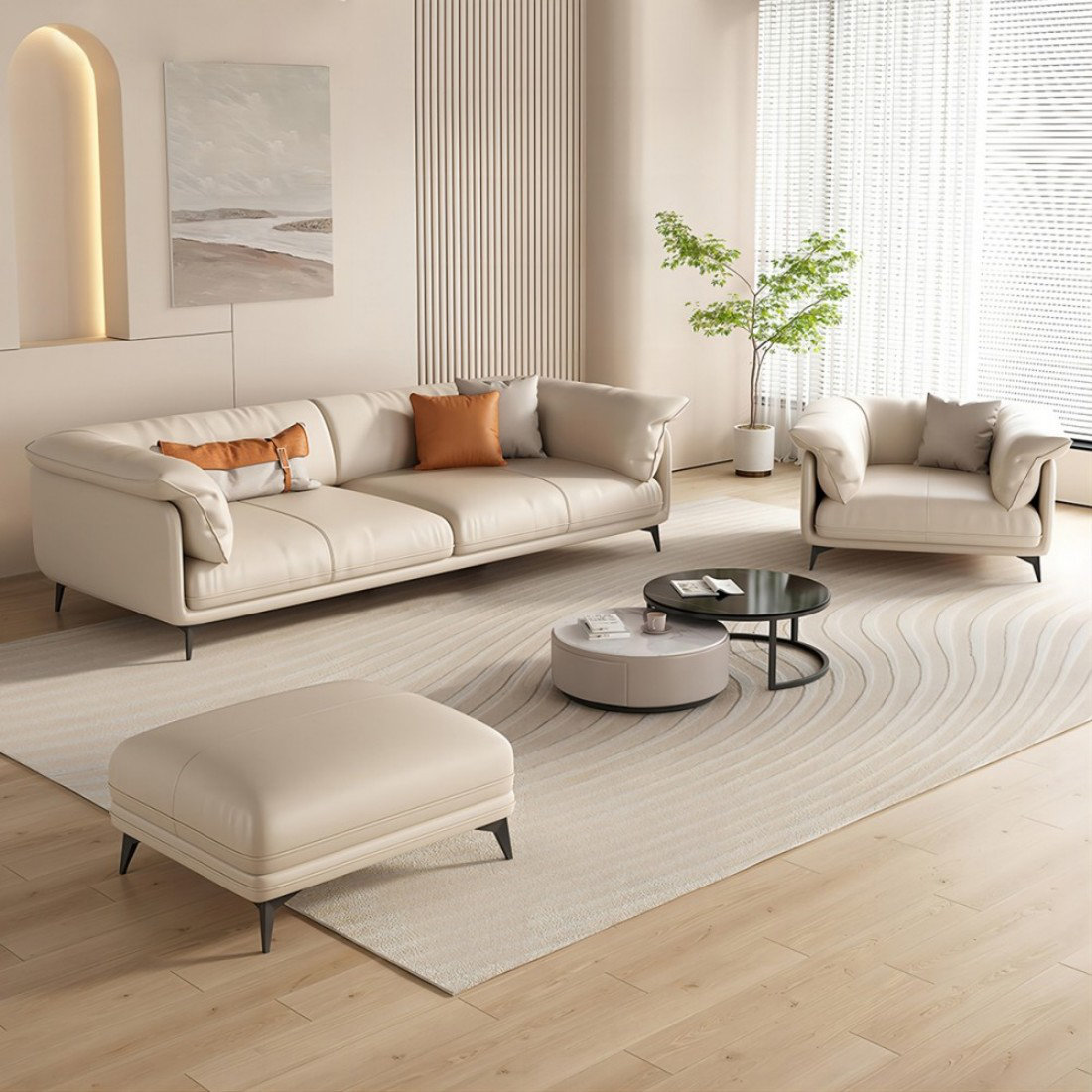 Latitude Run® Creamy-white Genuine Leather 3 - Piece Living Room Set ...