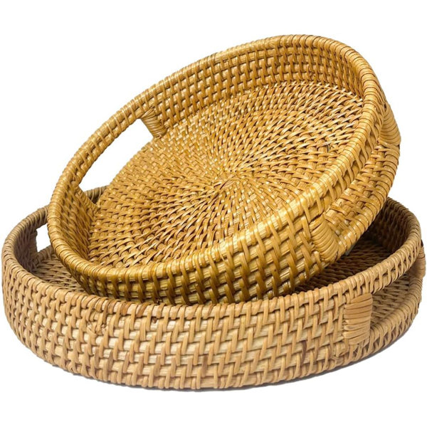 Bayou Breeze Round Rattan Tray With Mother Of Pearl Inlay, Boho Coffee ...