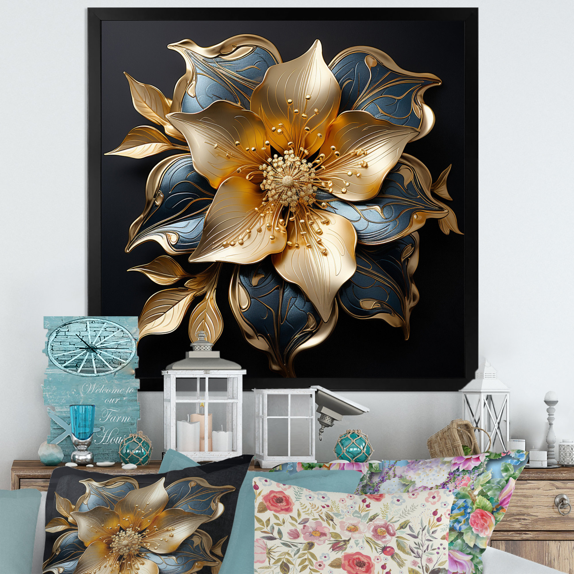 House of Hampton® " Golden Lily Flower Glam On Black " on Canvas | Wayfair