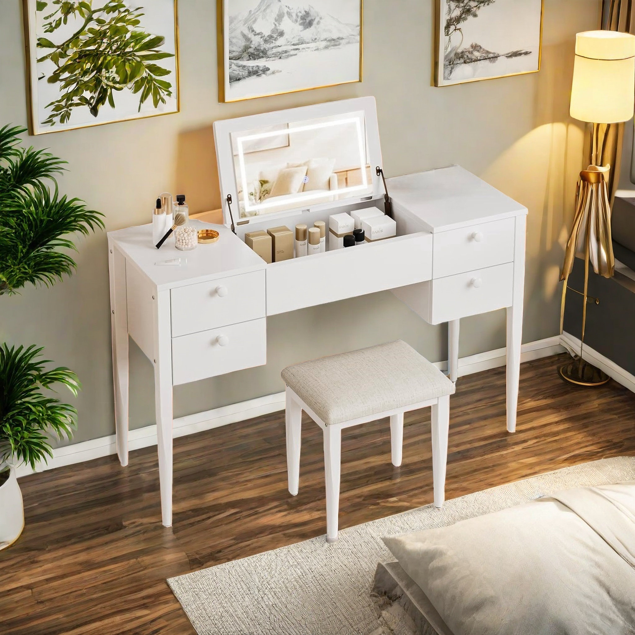 Mercer41 Makeup Vanity Desk With Flip Top Lighting Mirror And 5 Drawers ...