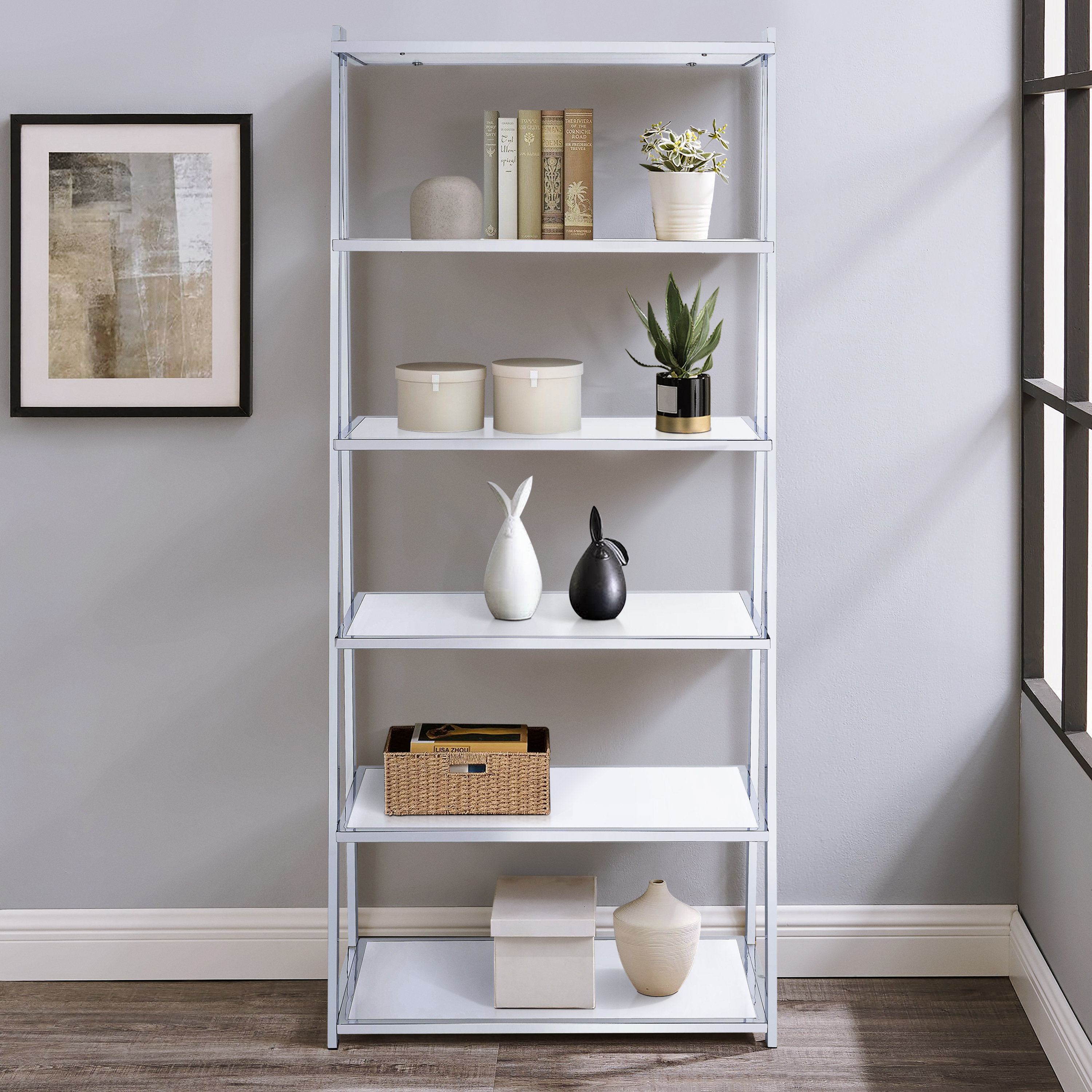 Plethoria Lyanne White High Gloss And Chrome 6-Shelf Bookcase | Wayfair