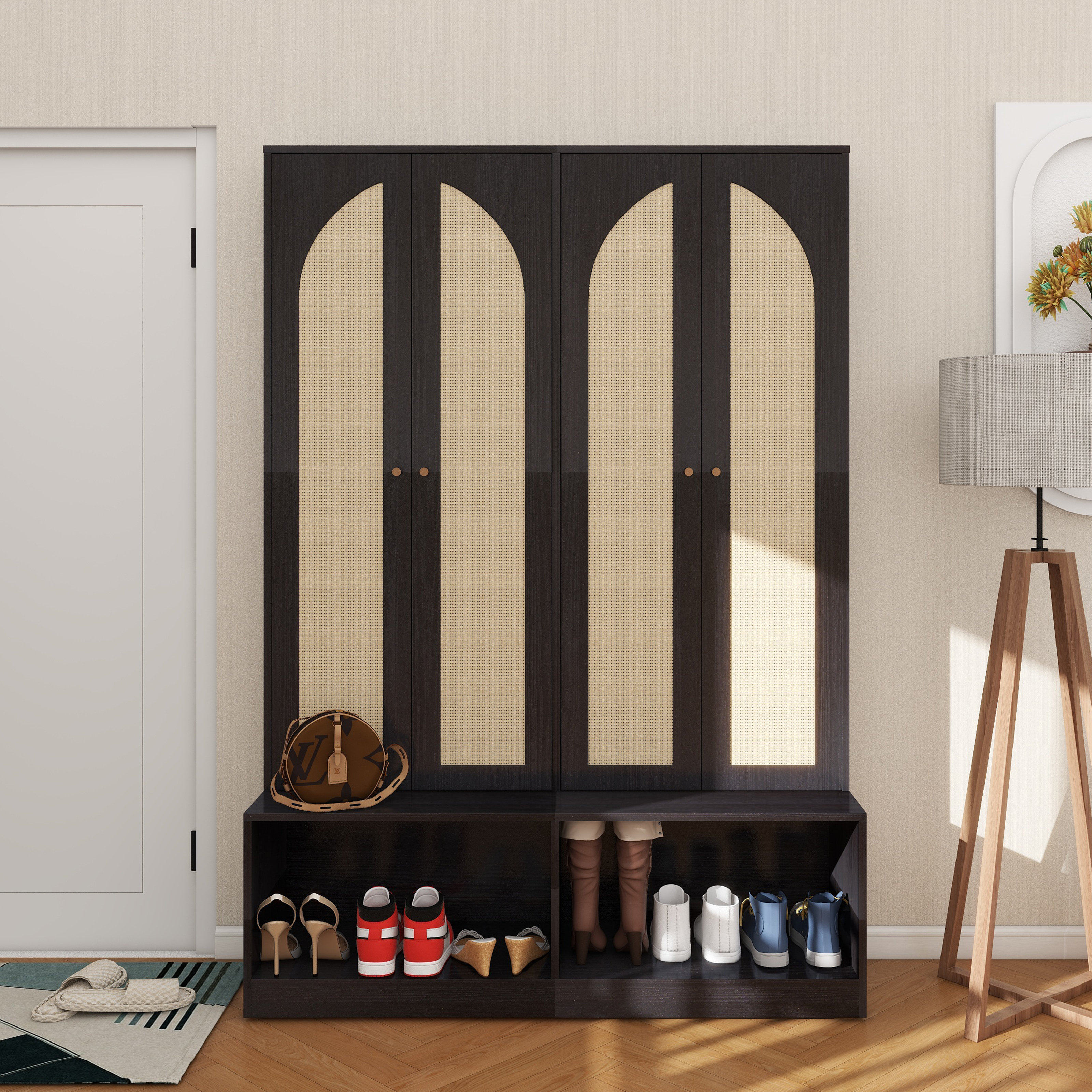 Bayou Breeze Farmhouse Widen Hall Tree With 4 Rattan Doors, Versatile 4 ...