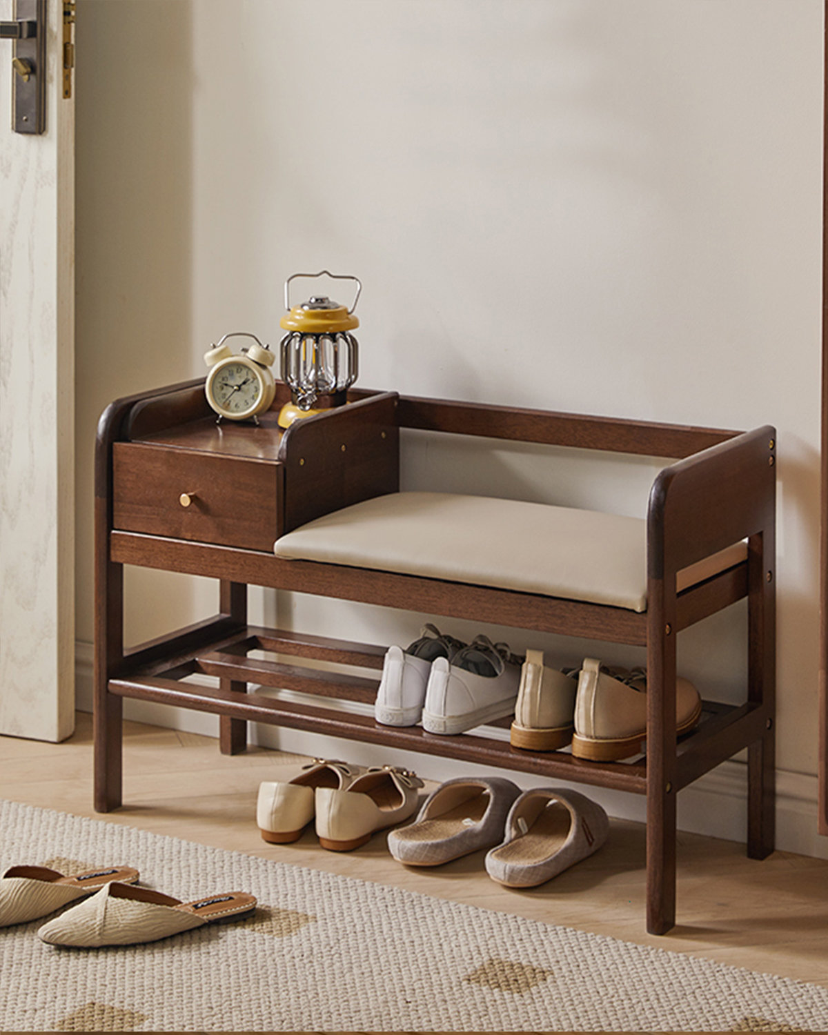 Finesse Furni A luxurious solid wood shoe-changing stool with a drawer ...