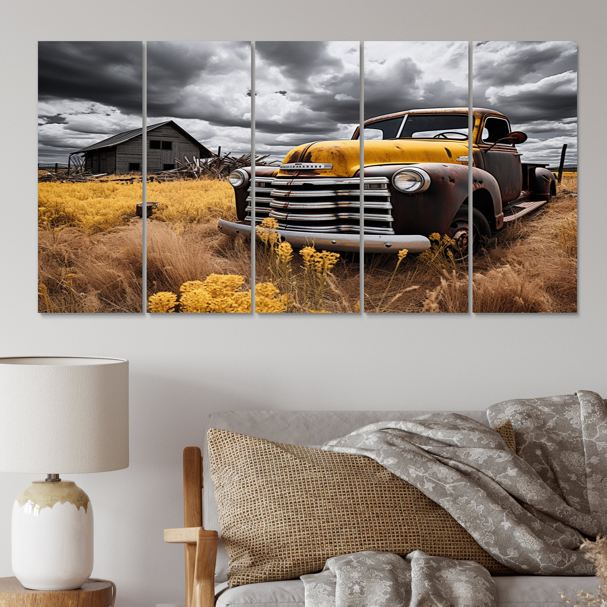 Williston Forge Yellow Pickup Truck Rustic Rides I - 5 Piece Wrapped ...