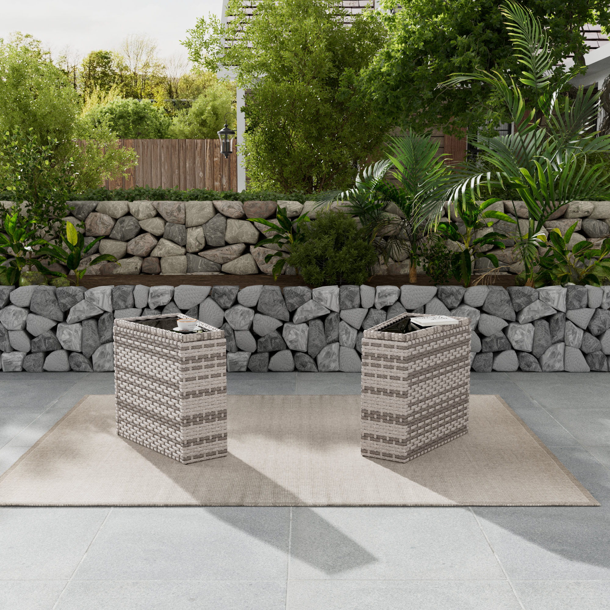 Ebern Designs Handwoven Wicker Outdoor Wedge Armrest Storage Side Table ...