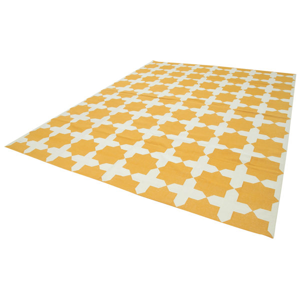 Ebern Designs Geometric Duri Yellow Geometric Wool Handmade Area Rug ...