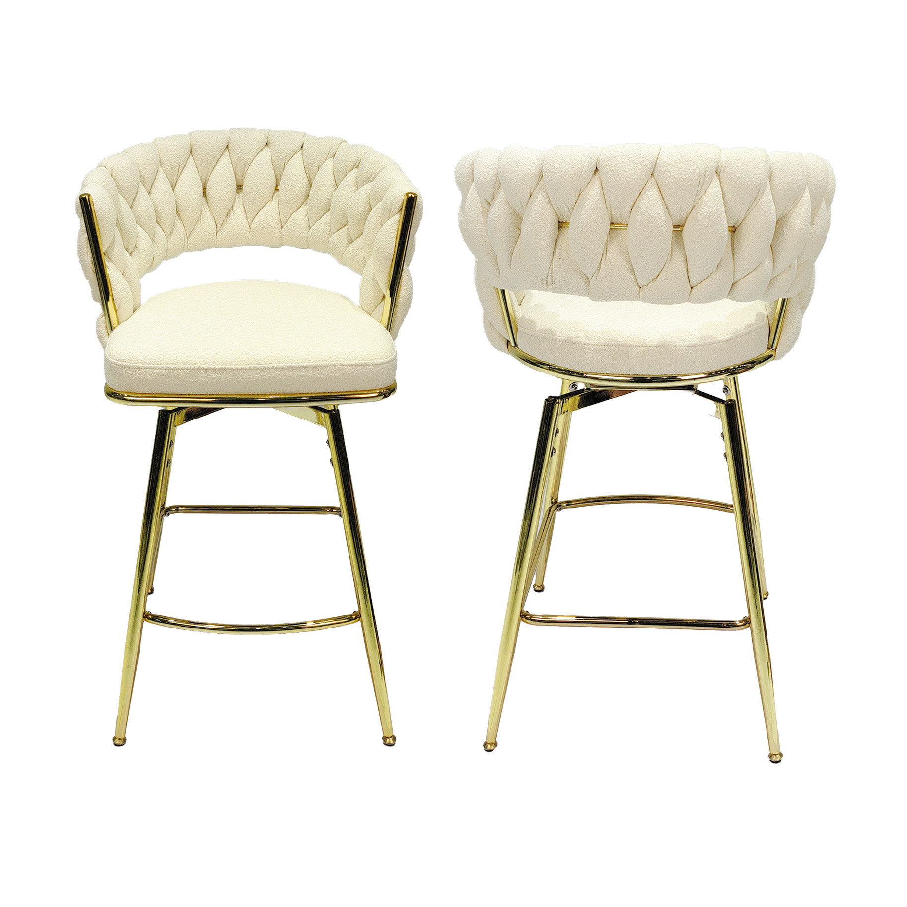 Everly Quinn White Toweling Woven Bar Stools Of 2, Golden Legs, 360 ...