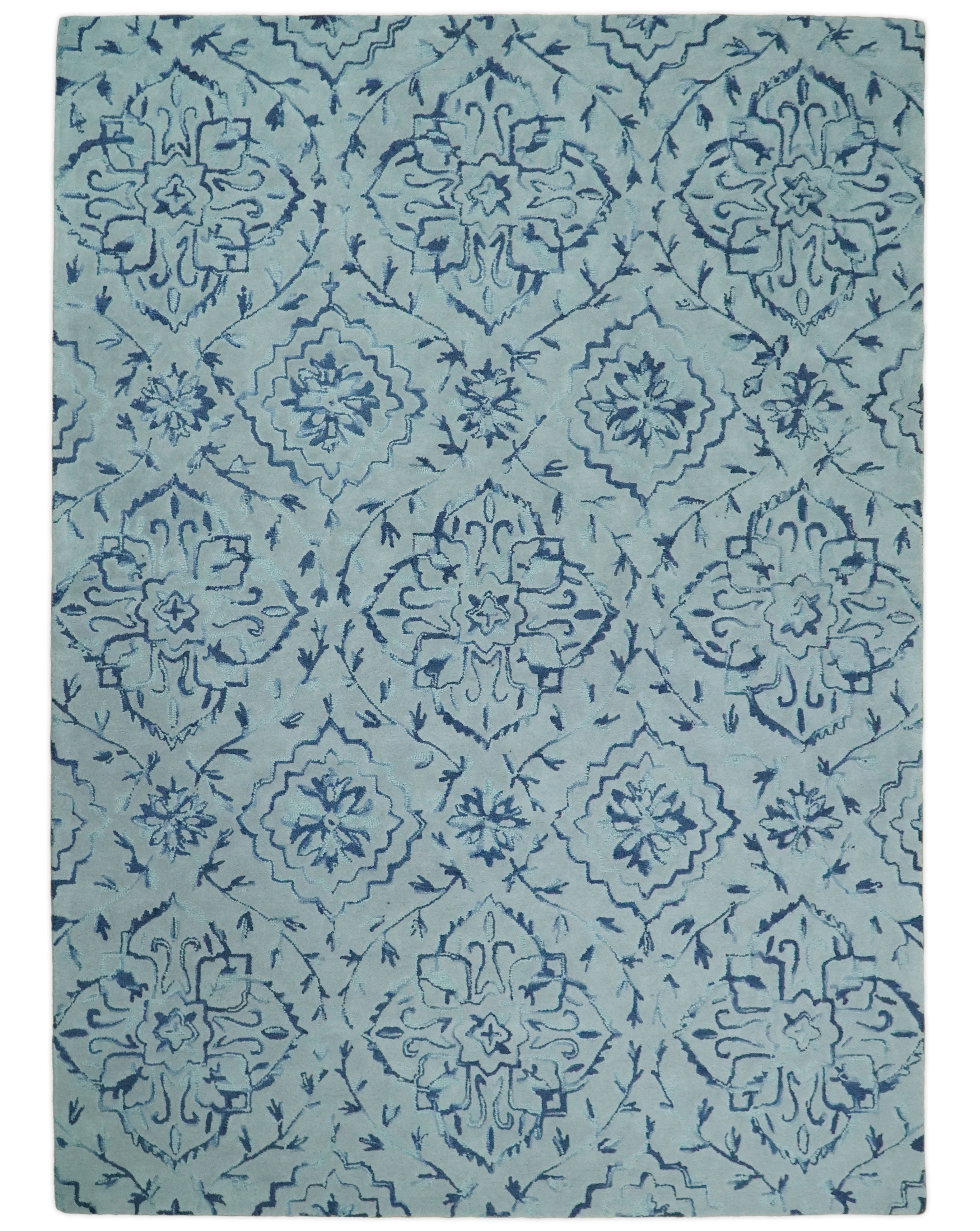 Bungalow Rose Damask Hand Tufted Wool Blue Area Rug | Wayfair