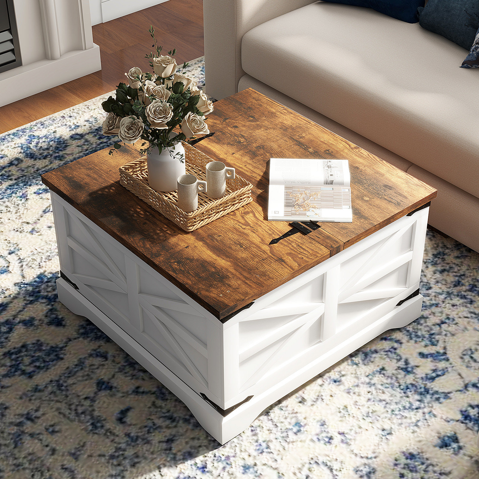 Gracie Oaks Gulkis Farmhouse Square Storage Coffee Table with Hinged ...