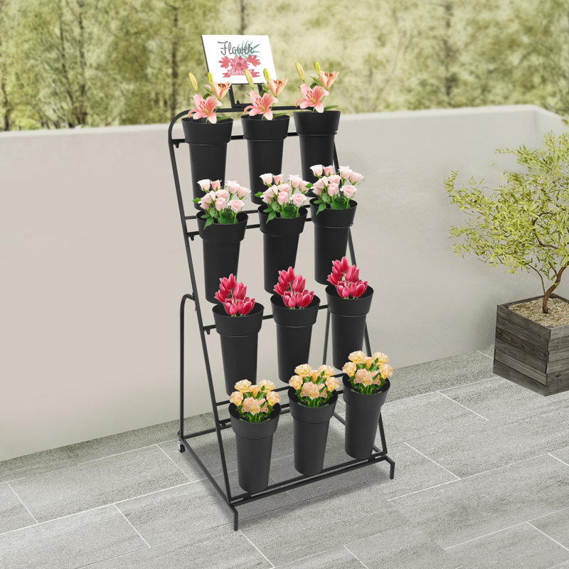 Arlmont & Co. 4-layer Flower Display Stand With 12 Plastic Buckets ...