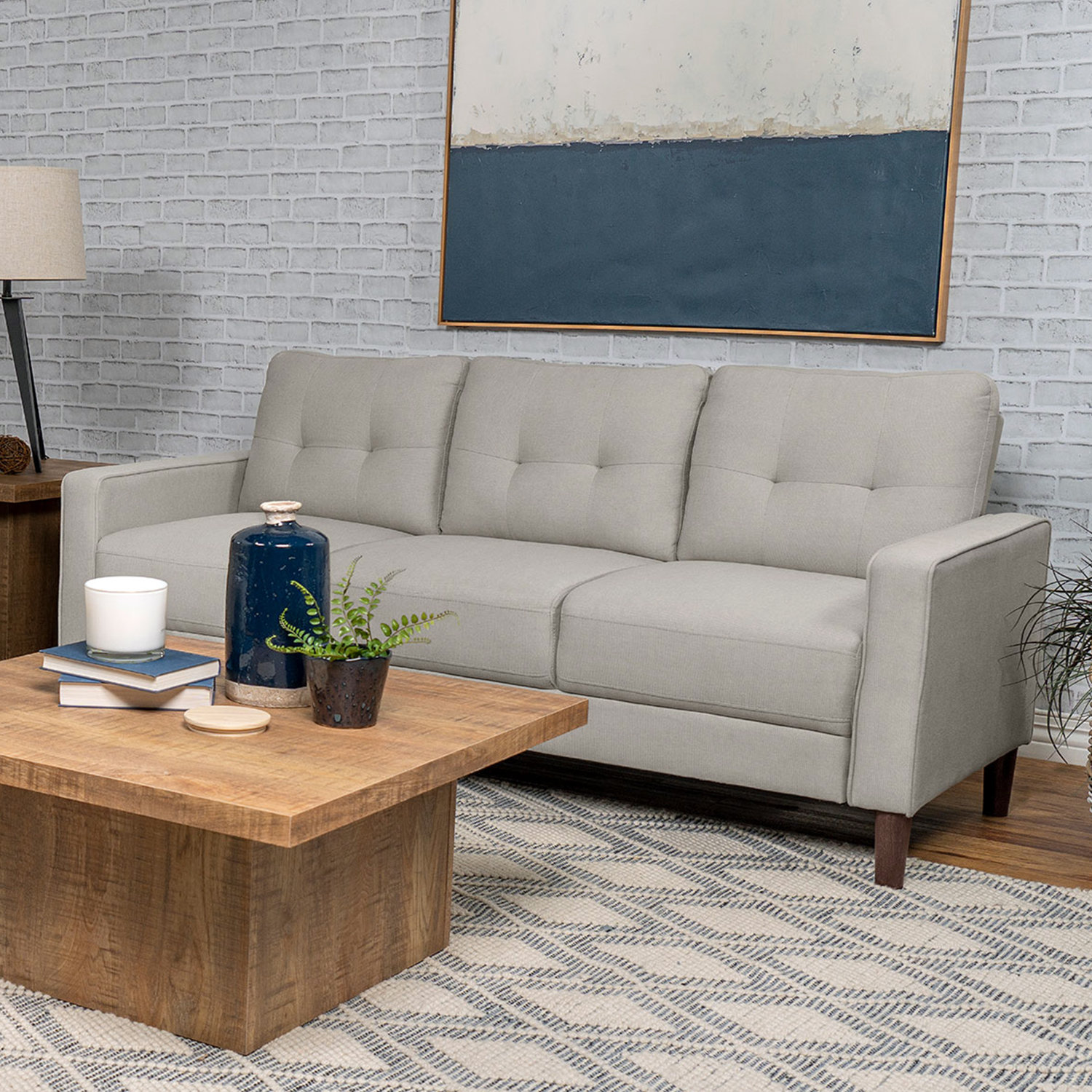 Ebern Designs Upholstered Track Arms Tufted Sofa In Beige And Dark ...