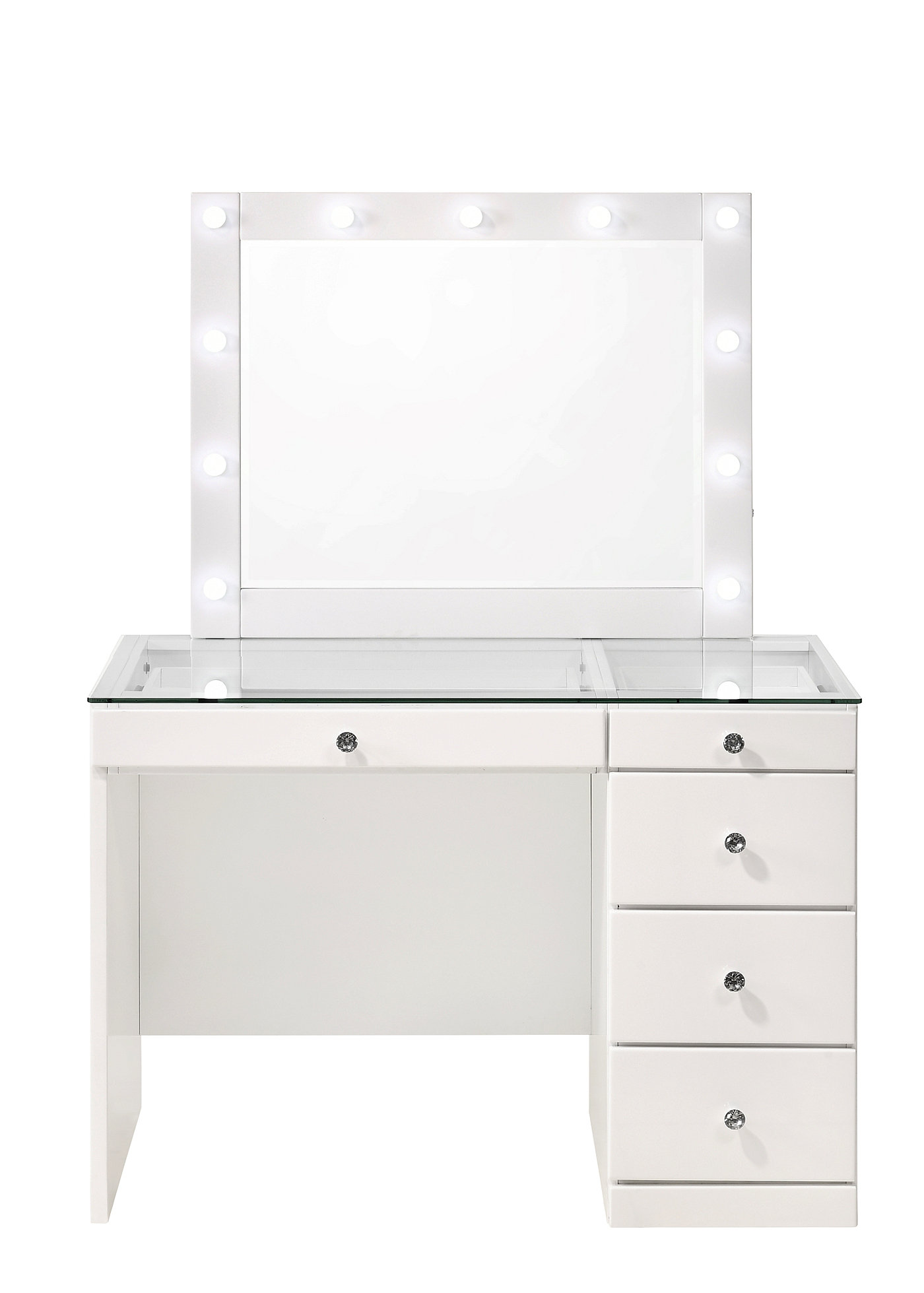 Hokku Designs 1Pc Glam Makeup Vanity Table Glass Top 5 Drawers Crystal Knobs White Wooden ...