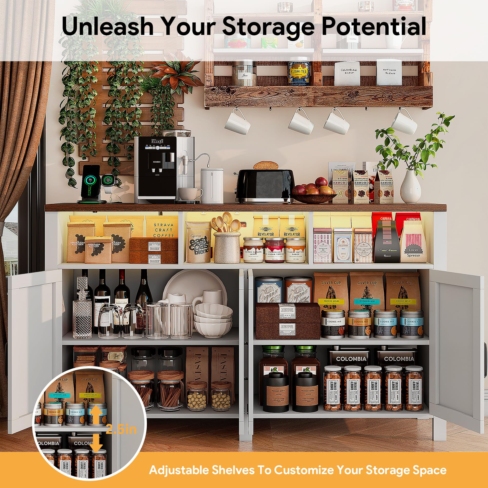 Ivy Bronx Sideboard with Storage with Power Outlets & LED Light 4 Doors | Wayfair