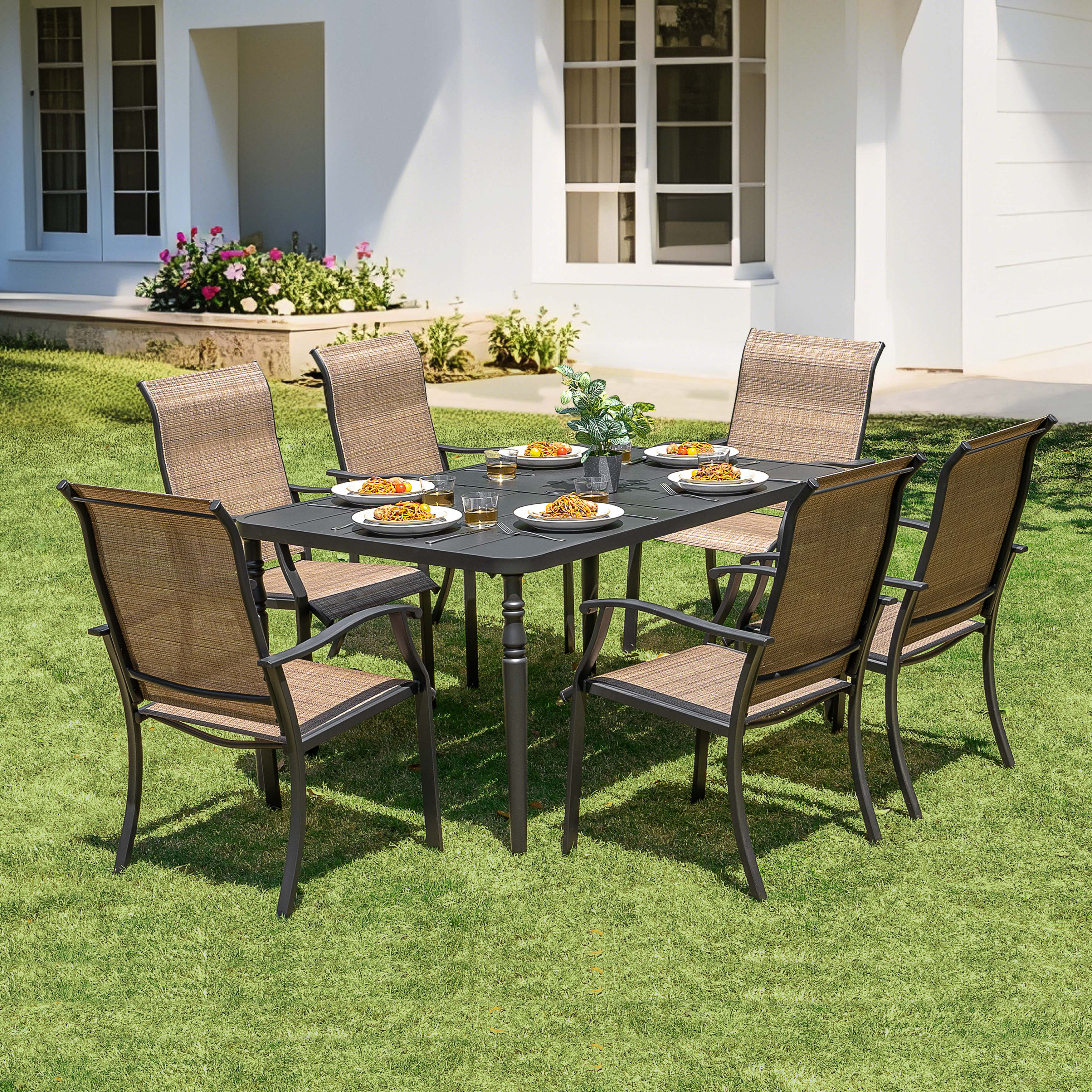 NUU GARDEN Patio Textilene Dining Set Of 7 With Umbrella Hole, Wood ...