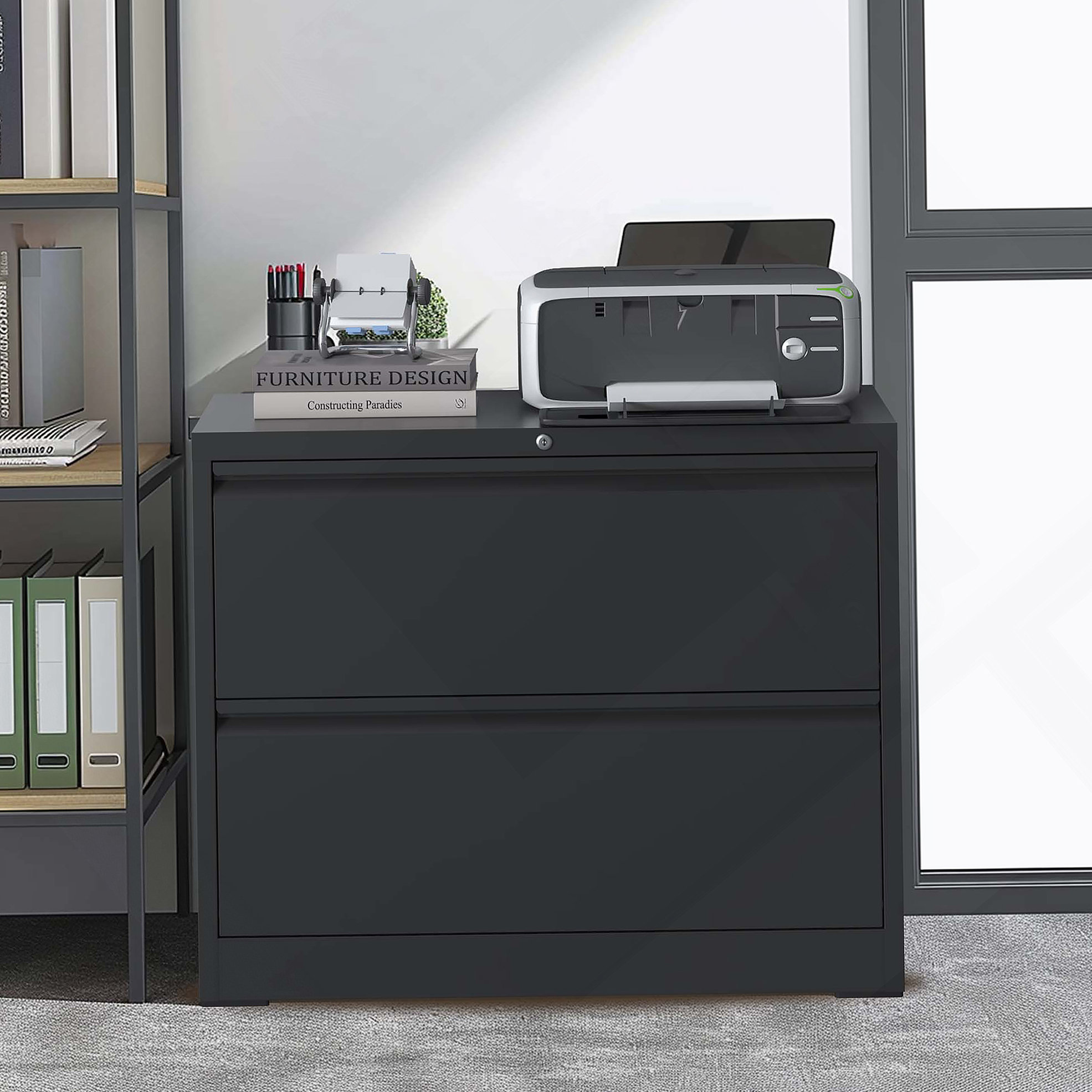 Inbox Zero Lateral File Cabinet 2 Drawer, Black Filing Cabinet With ...
