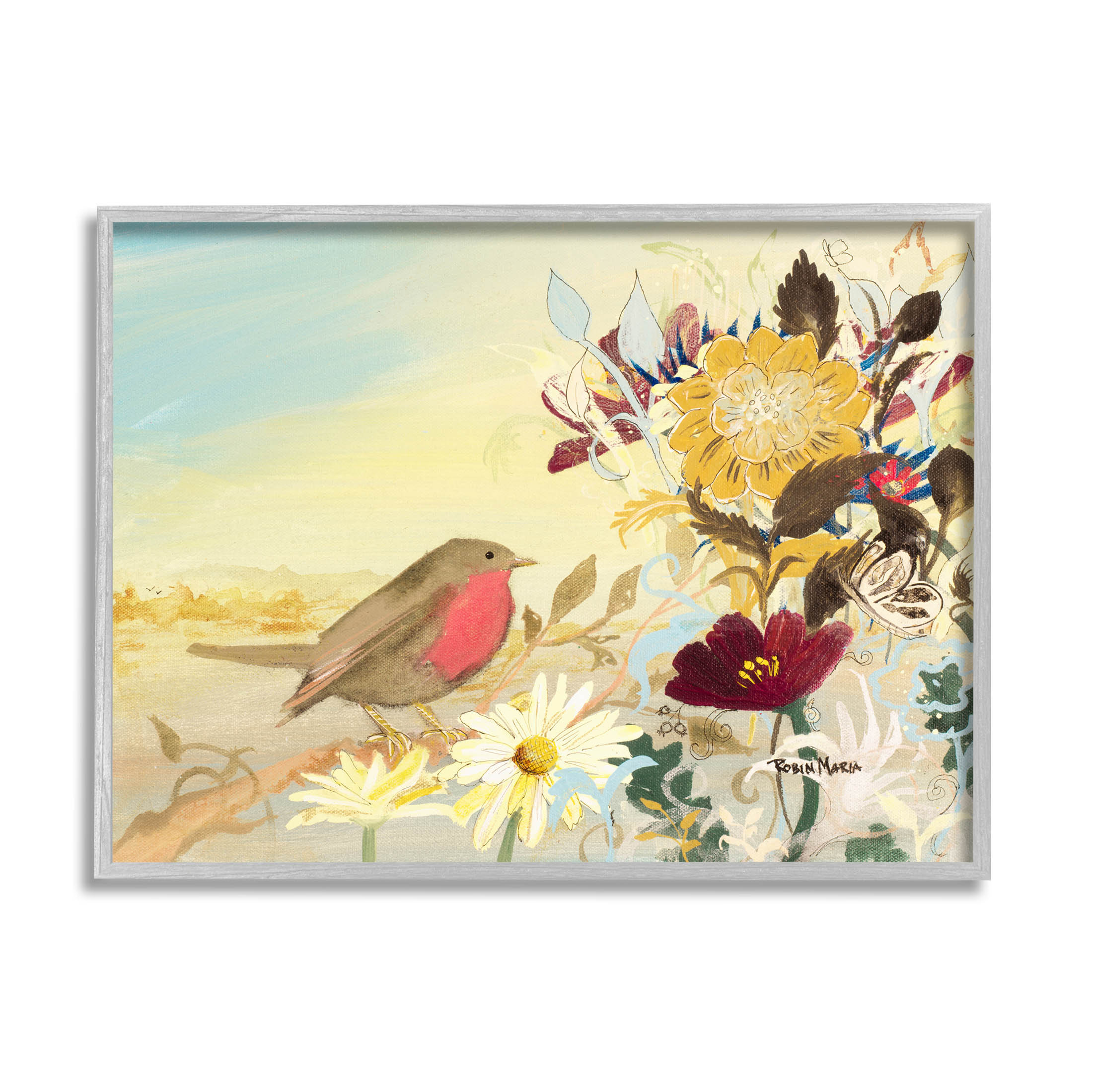 Stupell Industries Mixed Floral Bird Arrangement Giclee Art By Robin ...