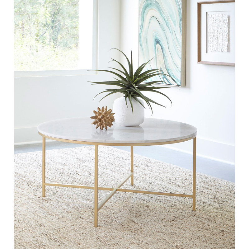 Everly Quinn Round Marble Top Coffee Table White and Gold | Wayfair