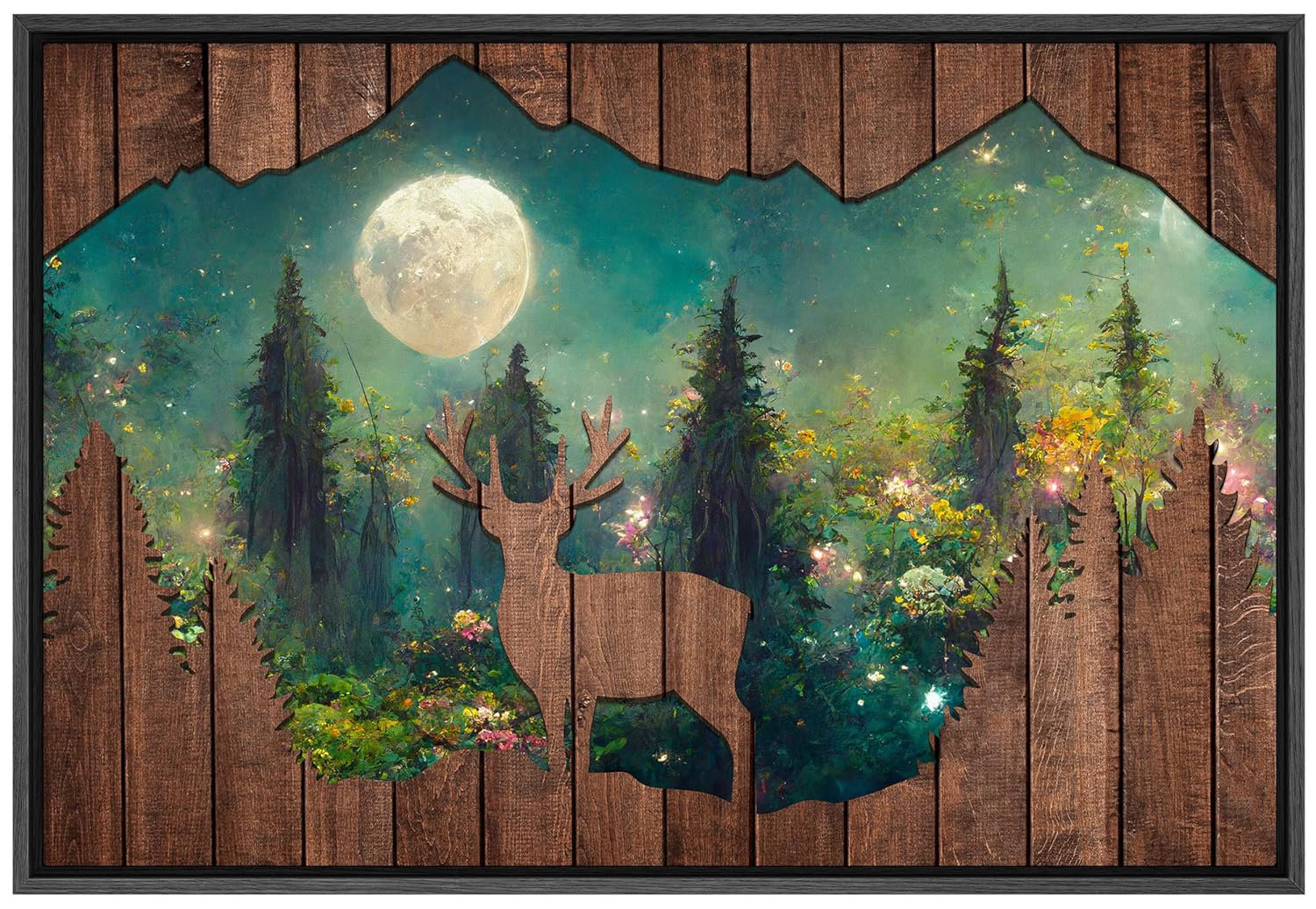 IDEA4WALL Wood Effect Panel Deer Moonlight Forest Landscape Nature ...
