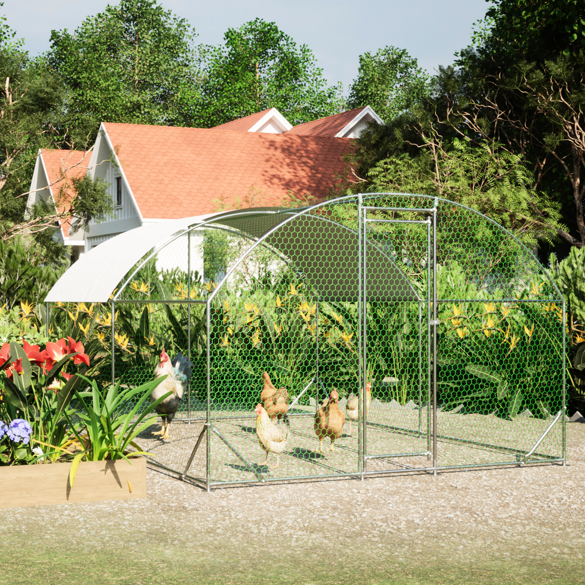 17 Stories Metal Chicken Coop - Walk-In Poultry Cage With Water- Roof ...