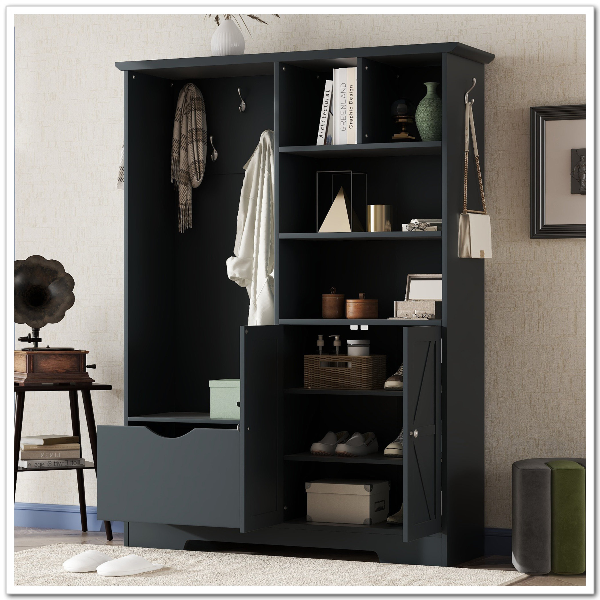 yuanhuan Multi-Functional Hall Tree With Storage Shelves Drawers And ...