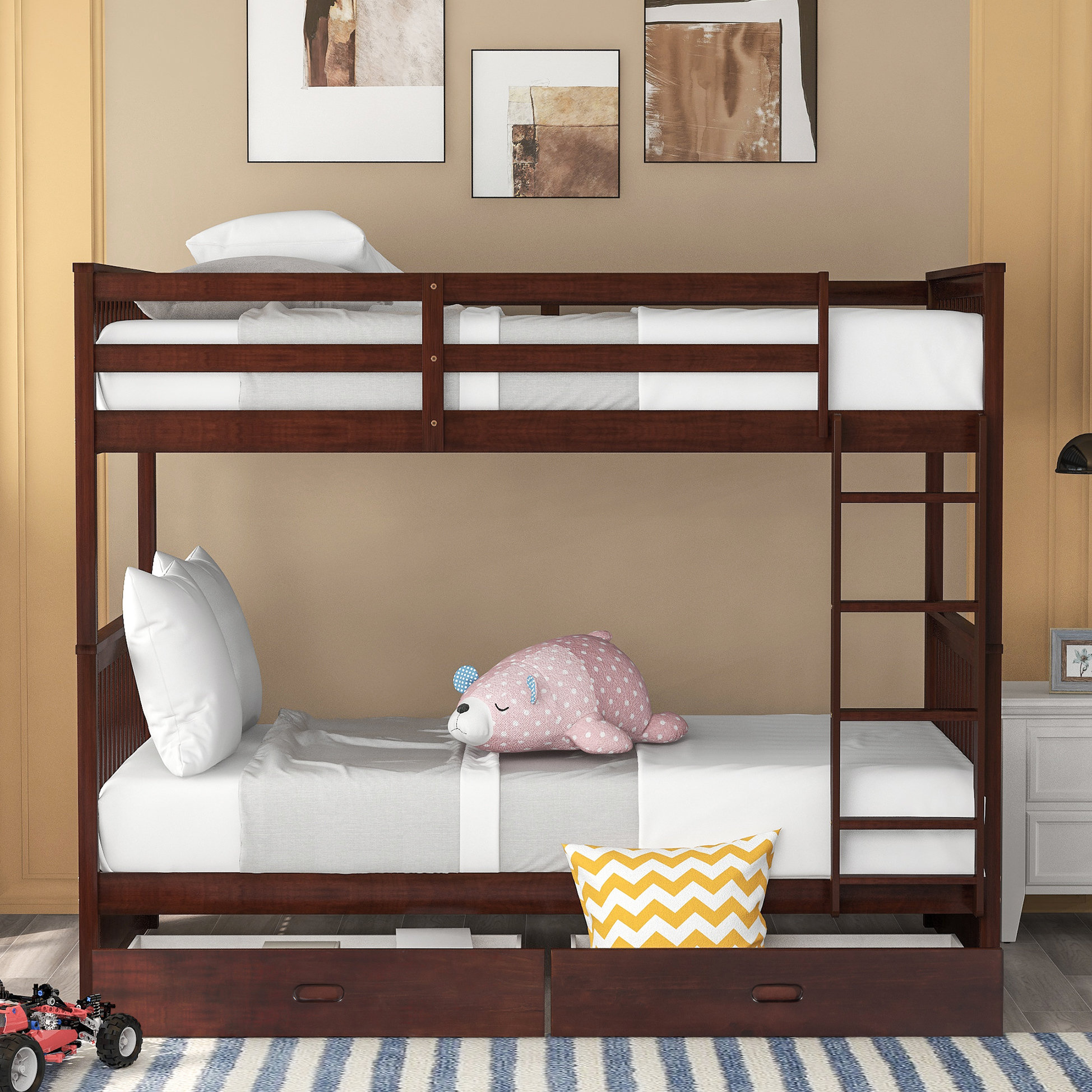 17 Stories Twintwin Bunk Bed In With Storage Cabinets Solid Wood ...