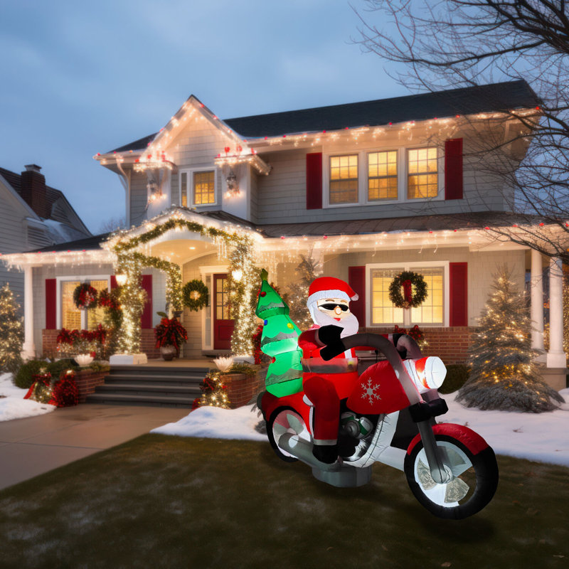 Fraser Hill Farm 7-Ft. Wide Prelit Santa on Motorcycle Inflatable | Wayfair