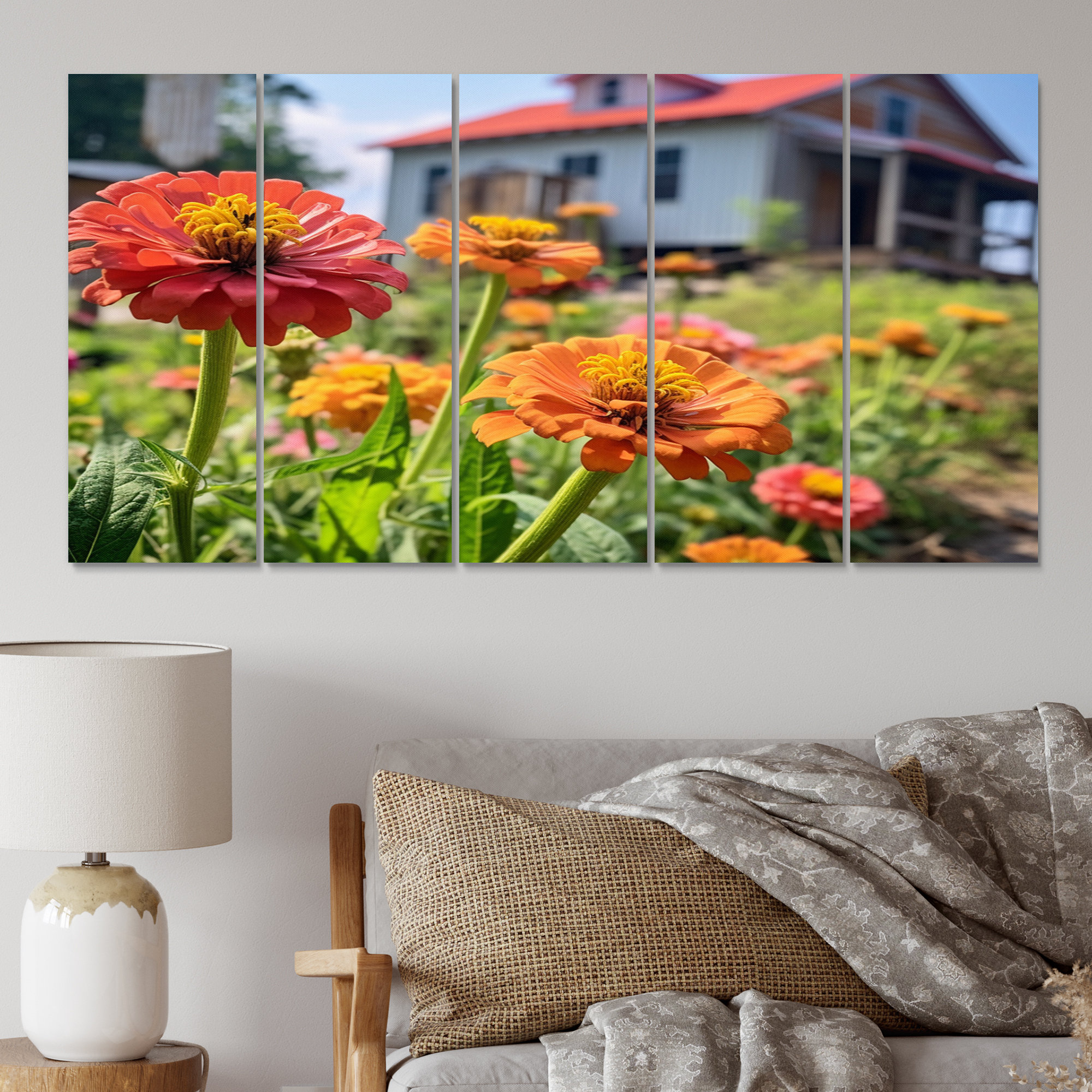 Design Art Orange Zinnias To The Farm - Floral Wall Art Living Room - 5 ...