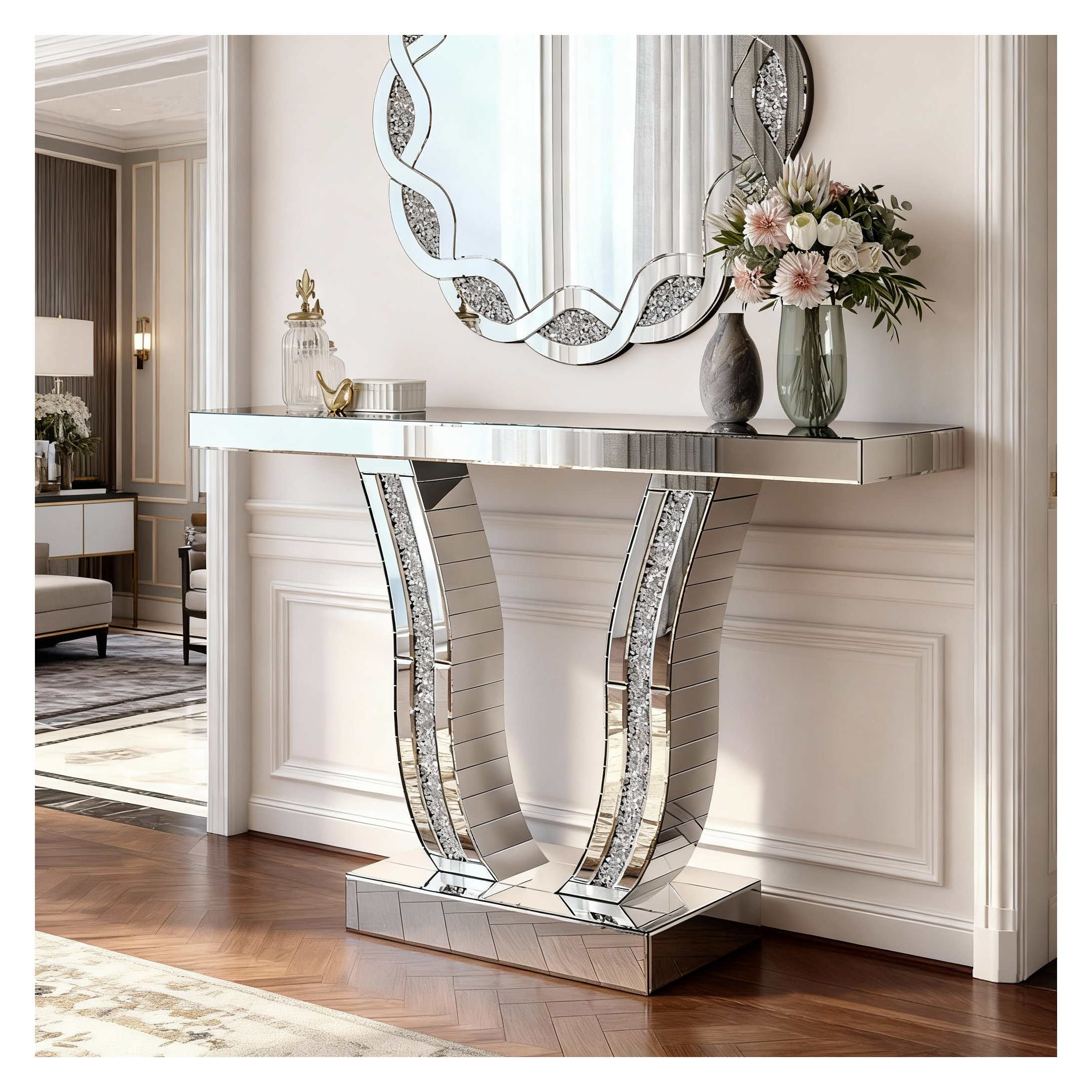 17 Stories 43 Inch Modern Silver Mirrored Console Table with Curved ...