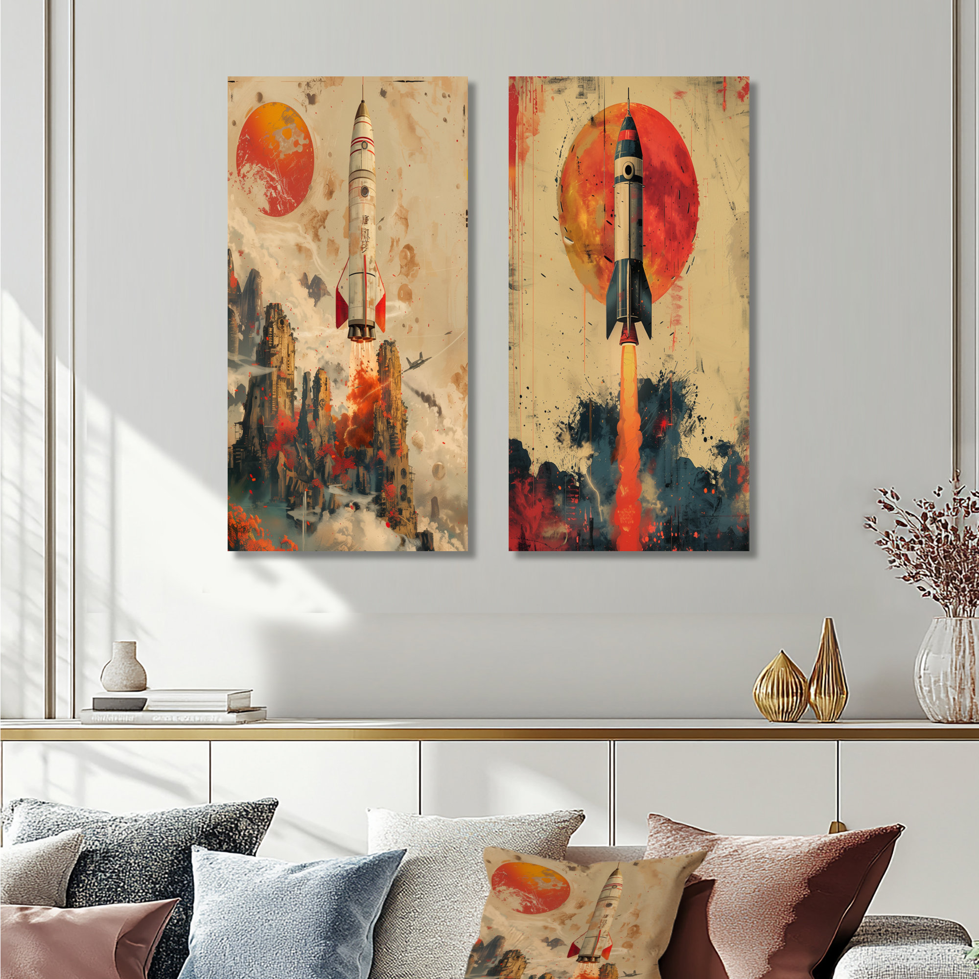 Design Art Orange Rocket In Space I - Rocket Wall Art 2 Pieces Set ...