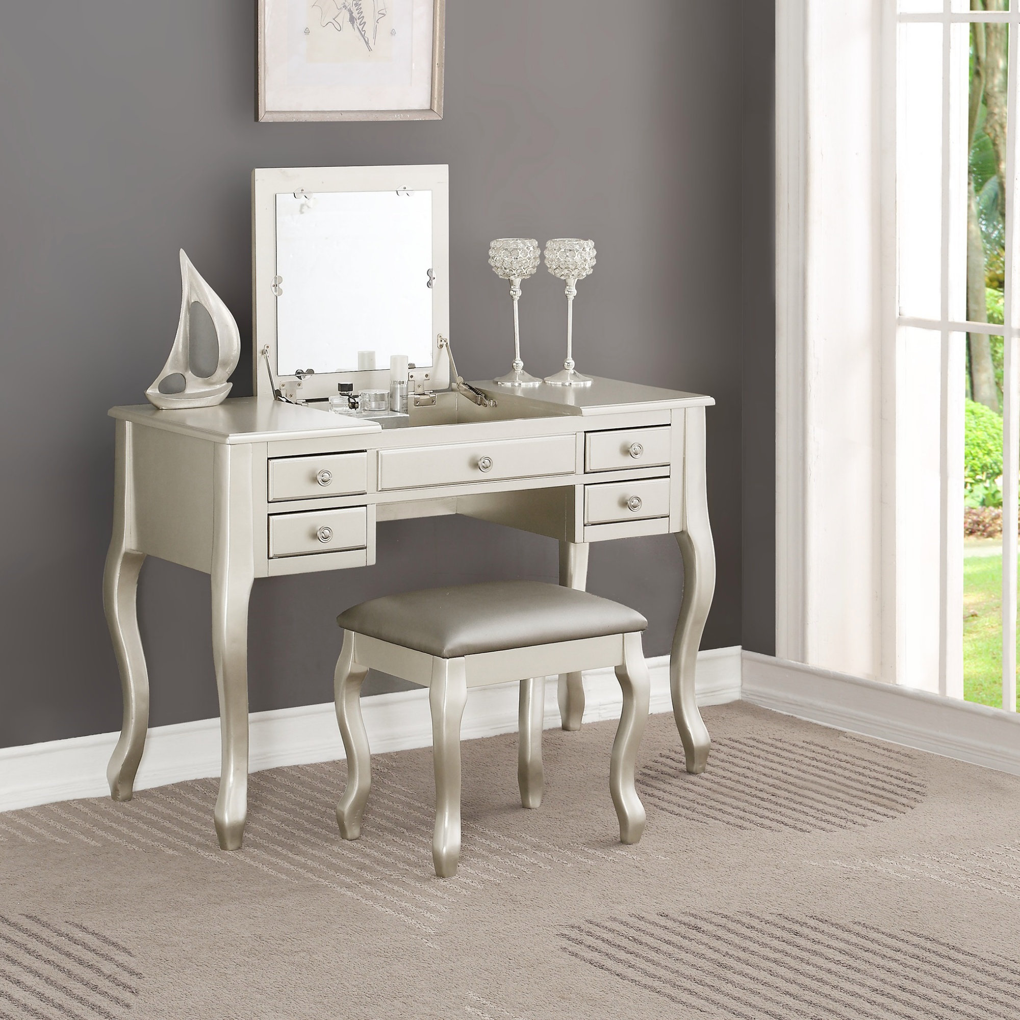 Ivy Bronx Classic Vanity Set W Stool Silver Color Drawers Open-Up ...