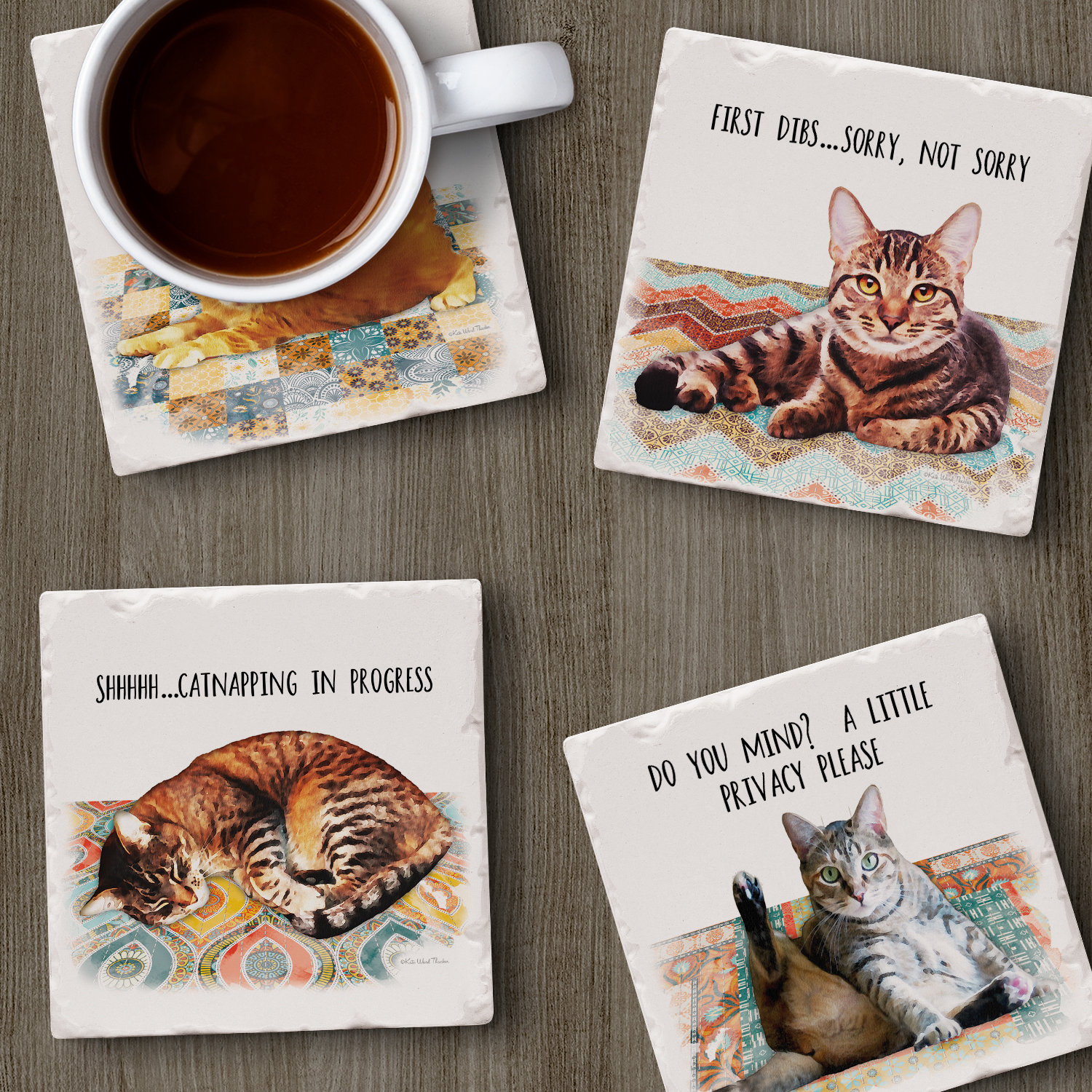 CounterArt Cat Nappy 4-Pack Tumbled Tile Stone Coasters | Wayfair