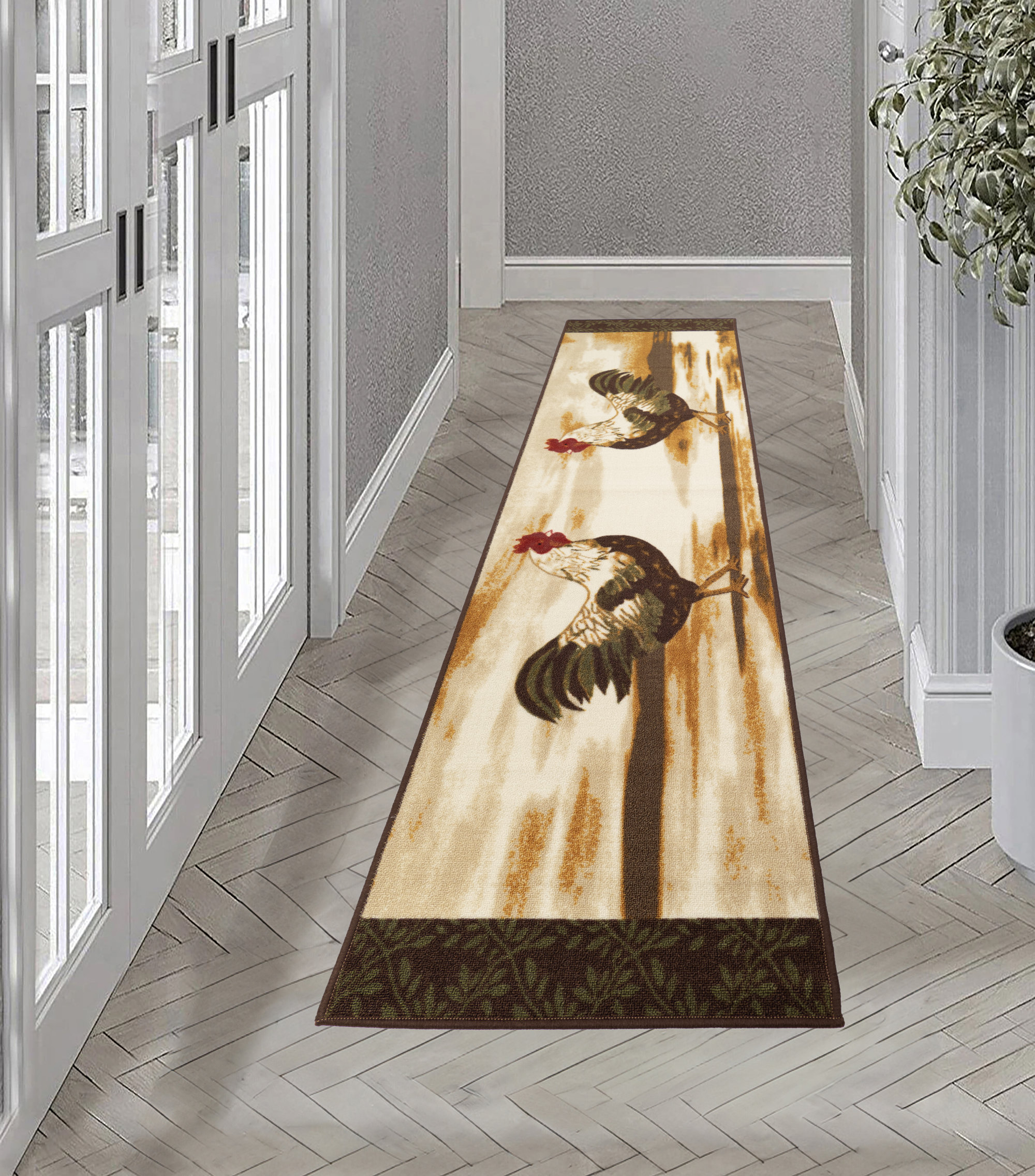 Purhome Machine Washable Printed Rooster Beige Brown Runner Rug and Mat ...