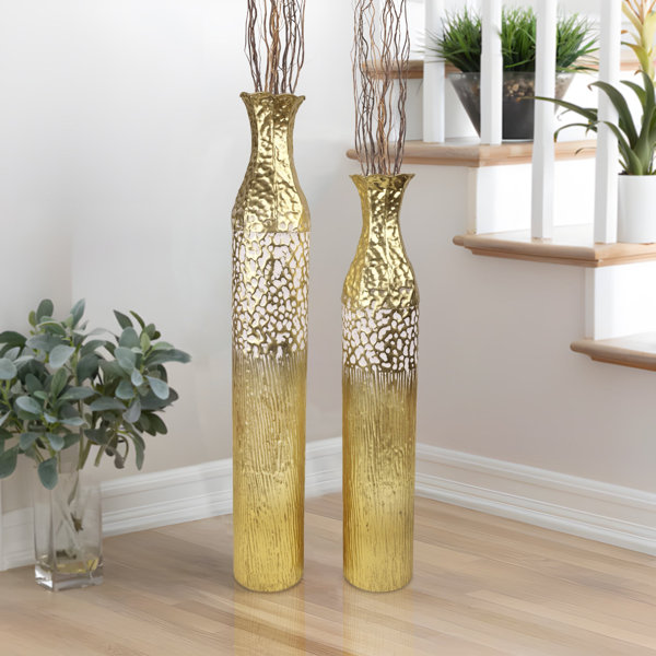 Rosdorf Park Krail 2 Piece Gold Tall Floor Vase Set, Metal Large Medium ...