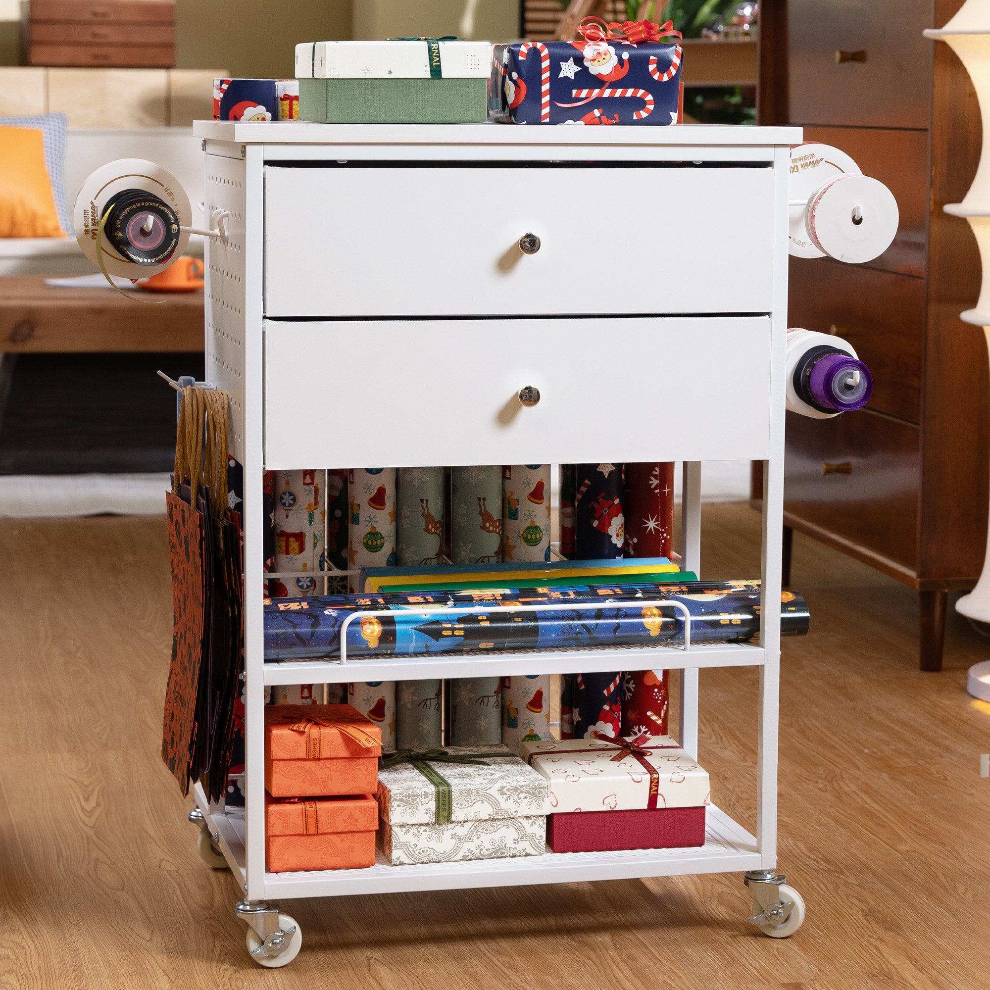 Ackitry Gift Wrapping Table Craft Table Storage Cart With 2 Drawers ...