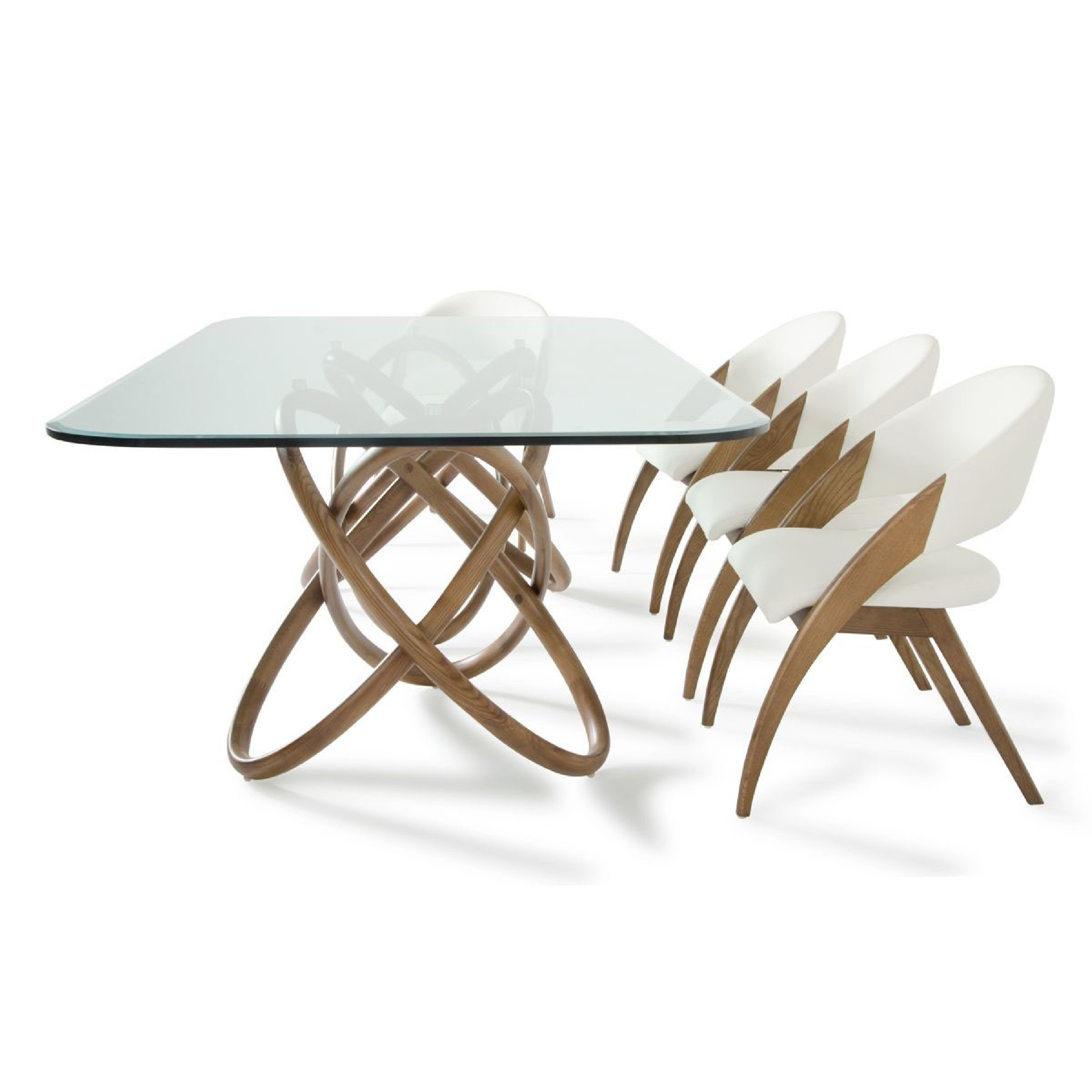 Benjara Cid Moji 9Pc Glass Dining Table Set, Walnut Wood, 8 Cream Faux ...