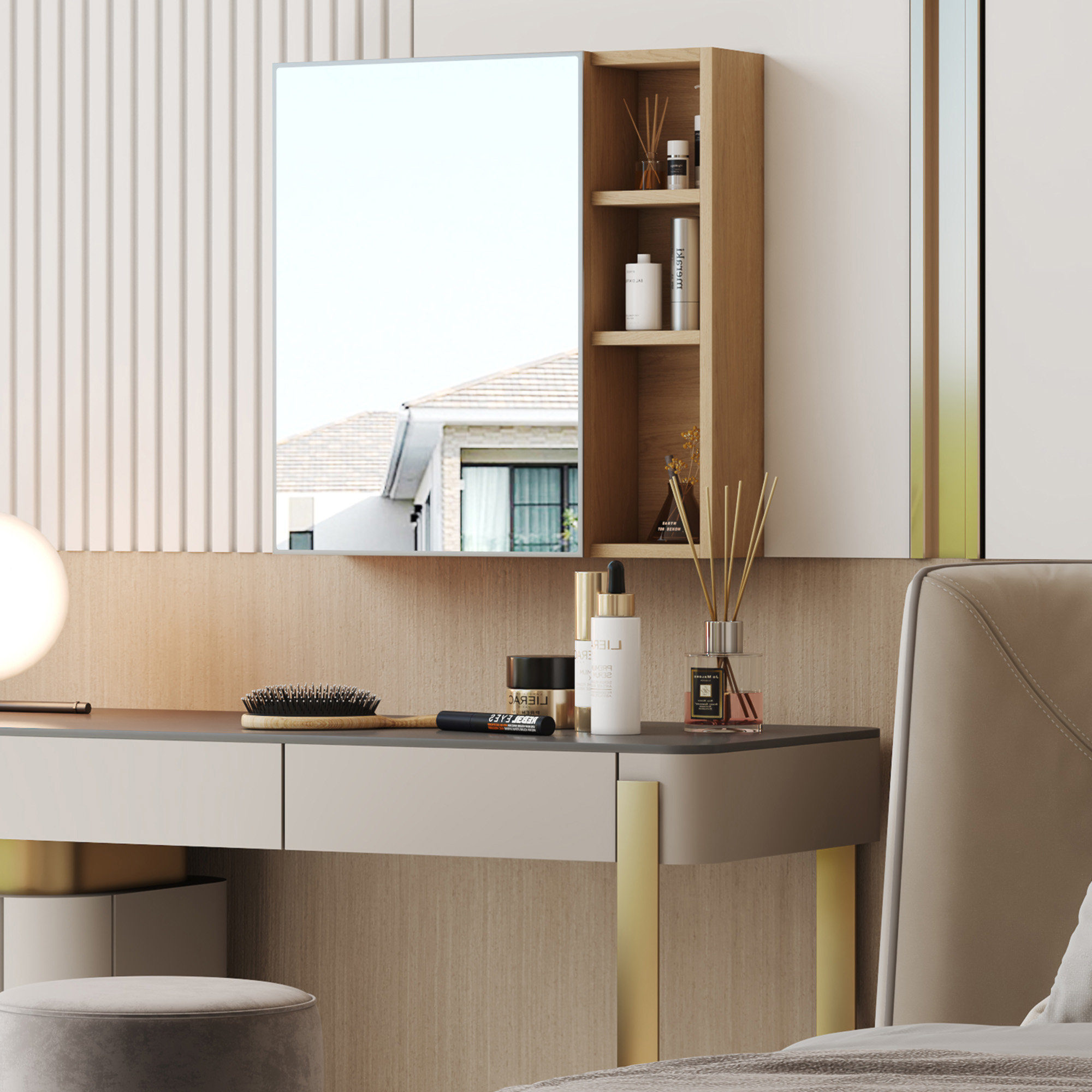 Latitude Run® Natural Wood Grain Multi-Function Mirror Cabinet - Clear ...