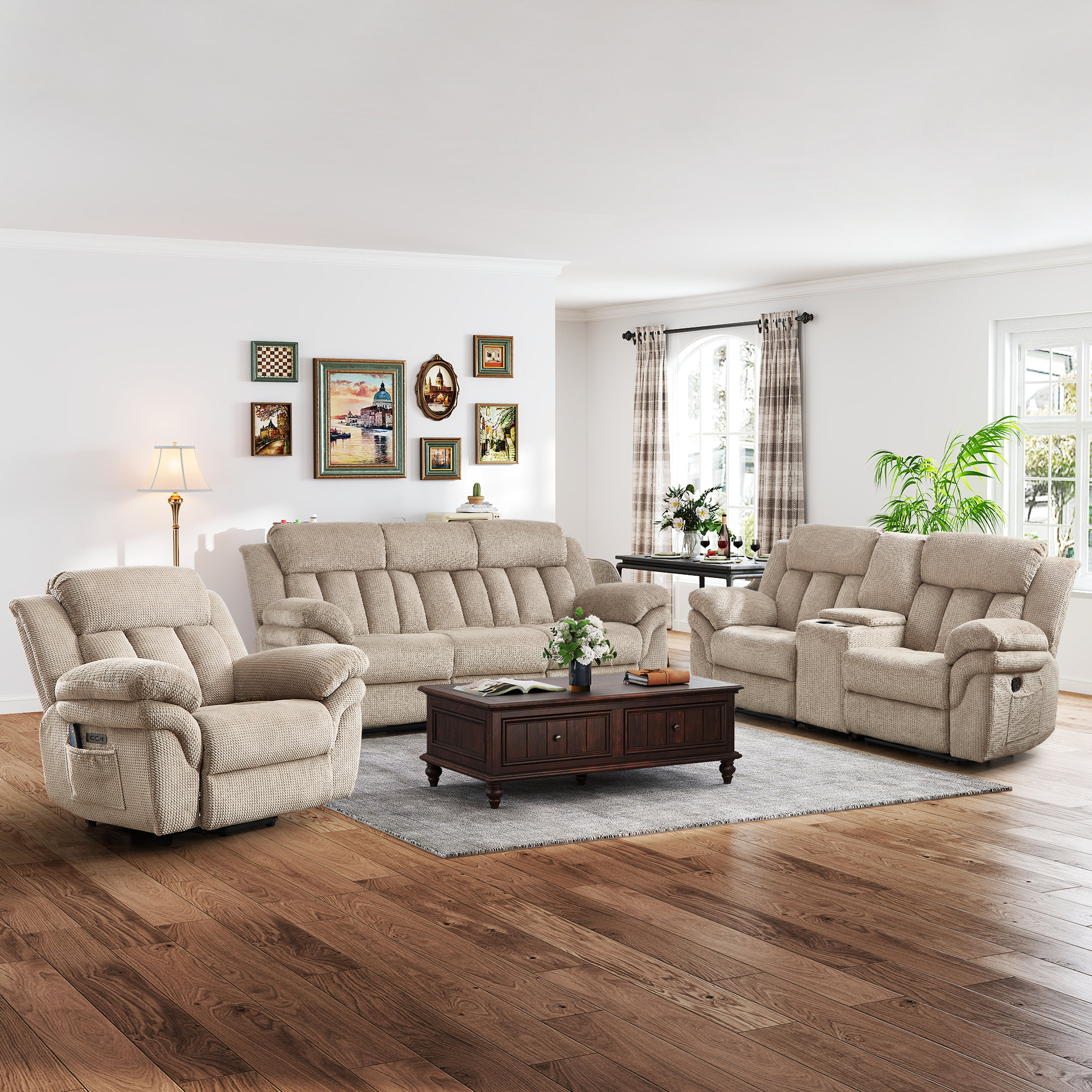 Latitude Run® 3-Piece Pineapple-Textured Chenille Reclining Living Room ...