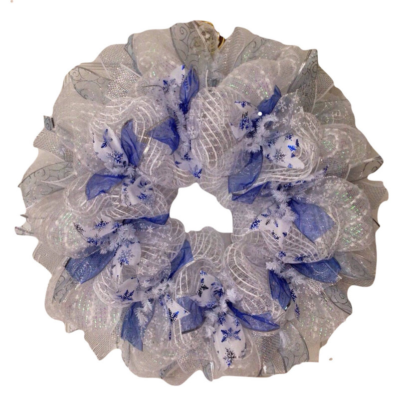 The Holiday Aisle® Winter Wreath White and Blue Ribbons | Wayfair