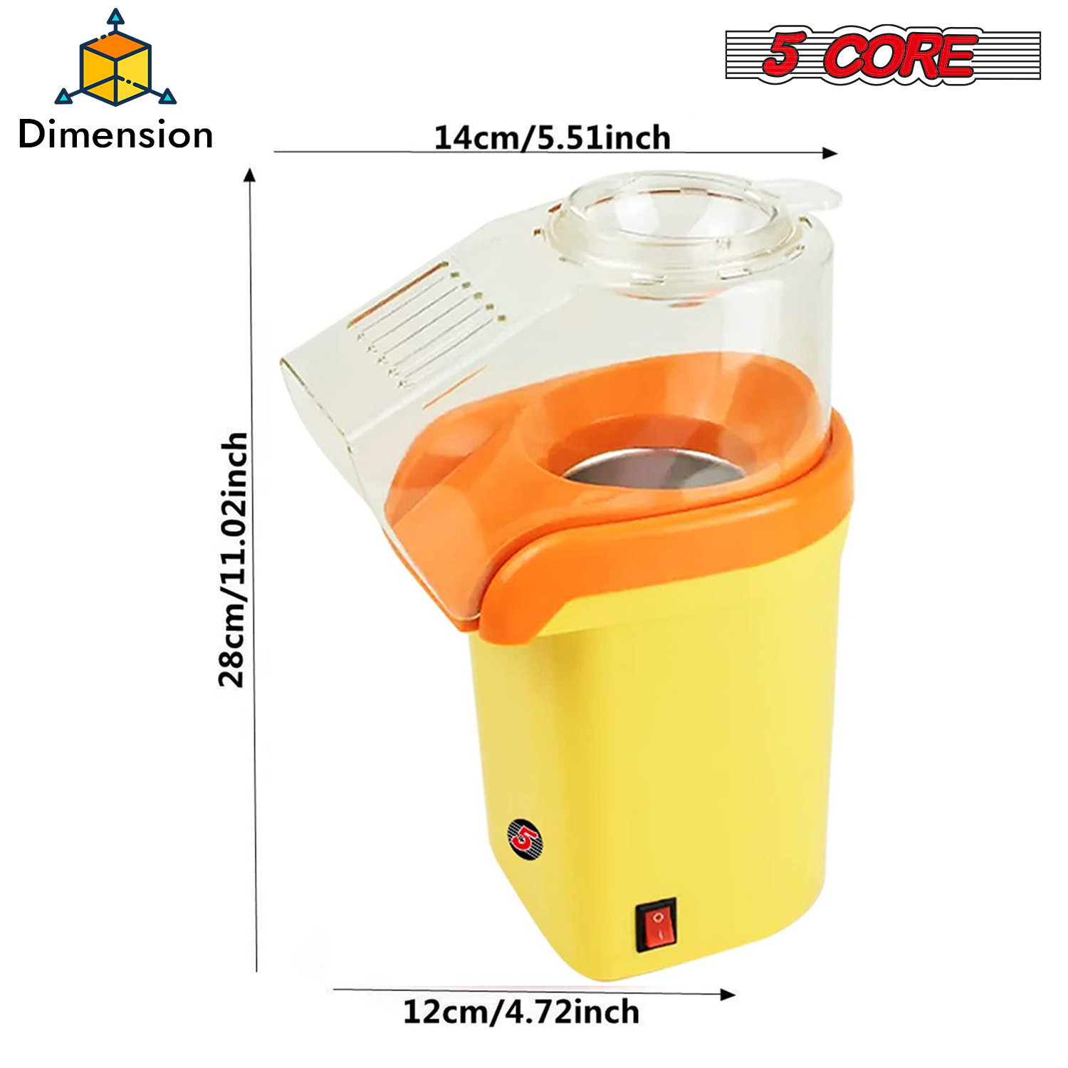 5 Core Popcorn Machine 16 Cup Capacity Hot Air Popper Mini Portable ...