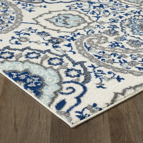 World Menagerie Fancy Performance Cream/Blue Rug & Reviews | Wayfair