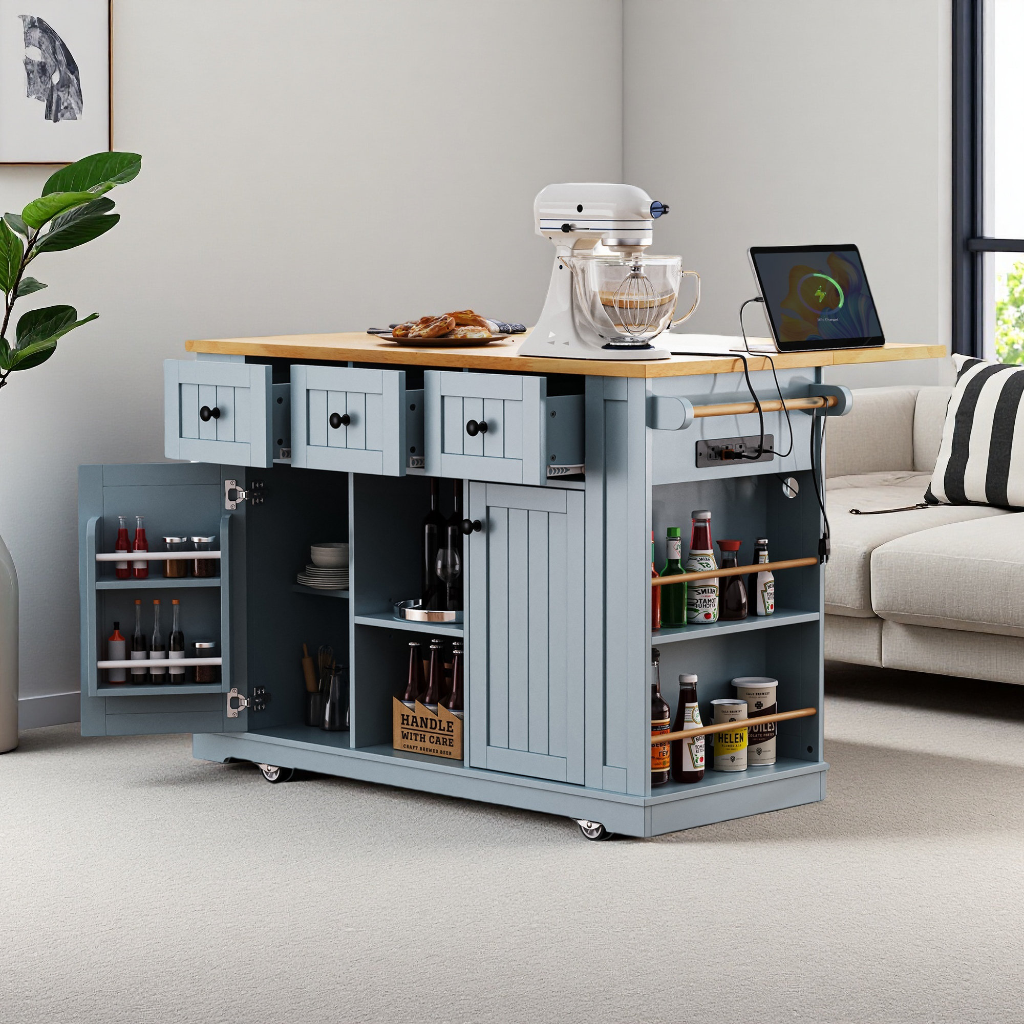 Lark Manor™ 53Inch Large Kitchen Island With Drop Leaf,Power Outlet ...