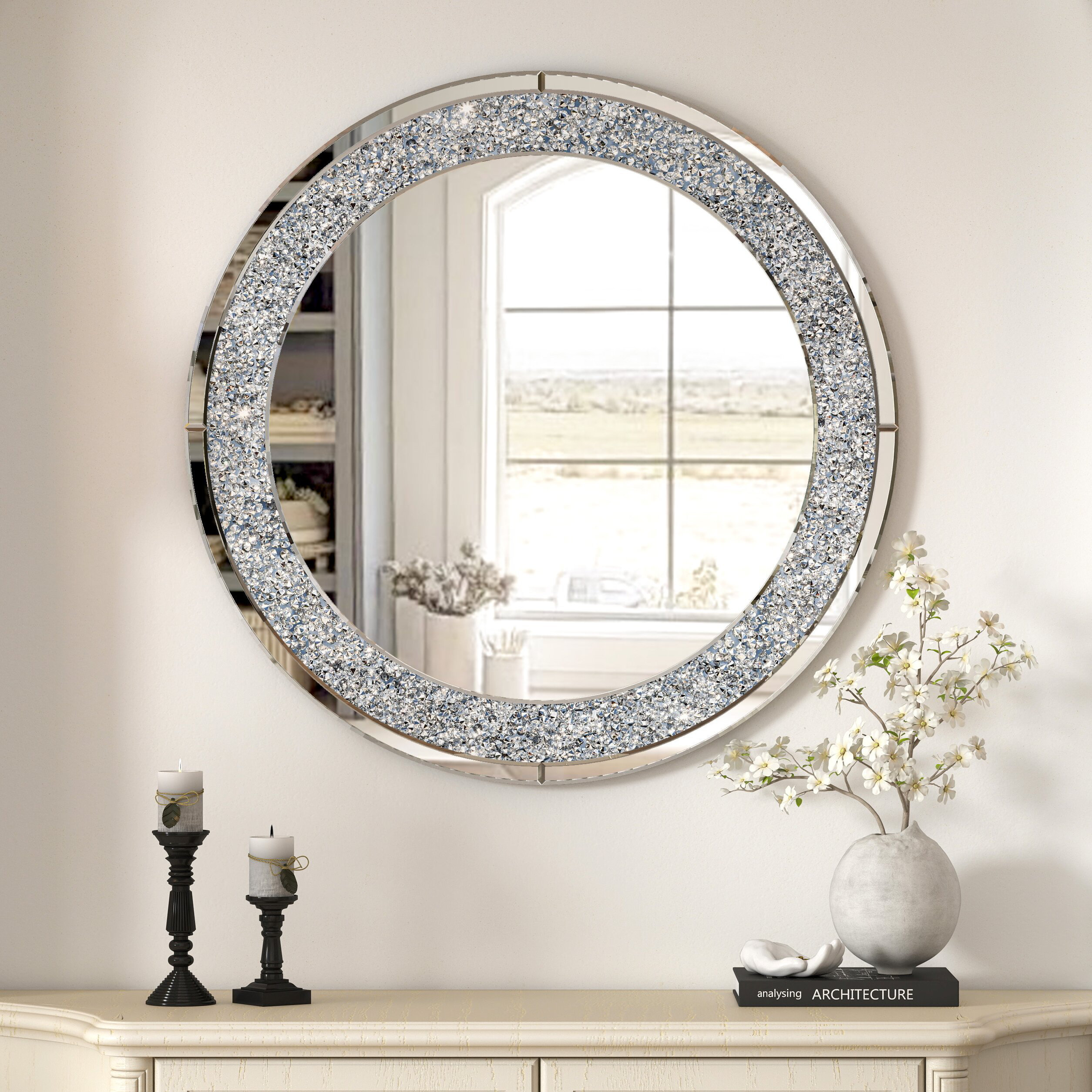 Everly Quinn Rillamas 31.5" Crushed Diamond Décor Round Wall Mirror ...