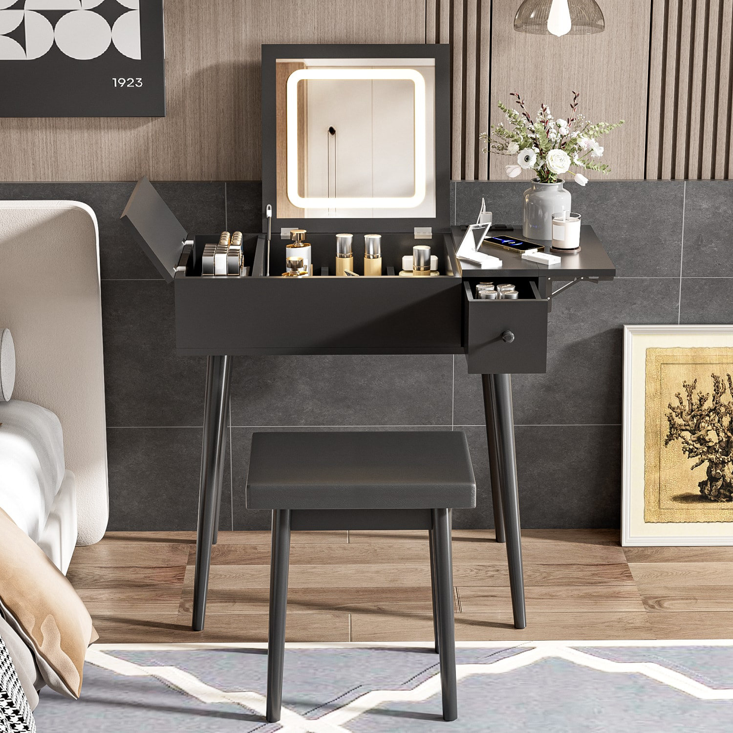 Ivy Bronx Black Wood Dresser Table with Flip Top Mirror LED Light ...