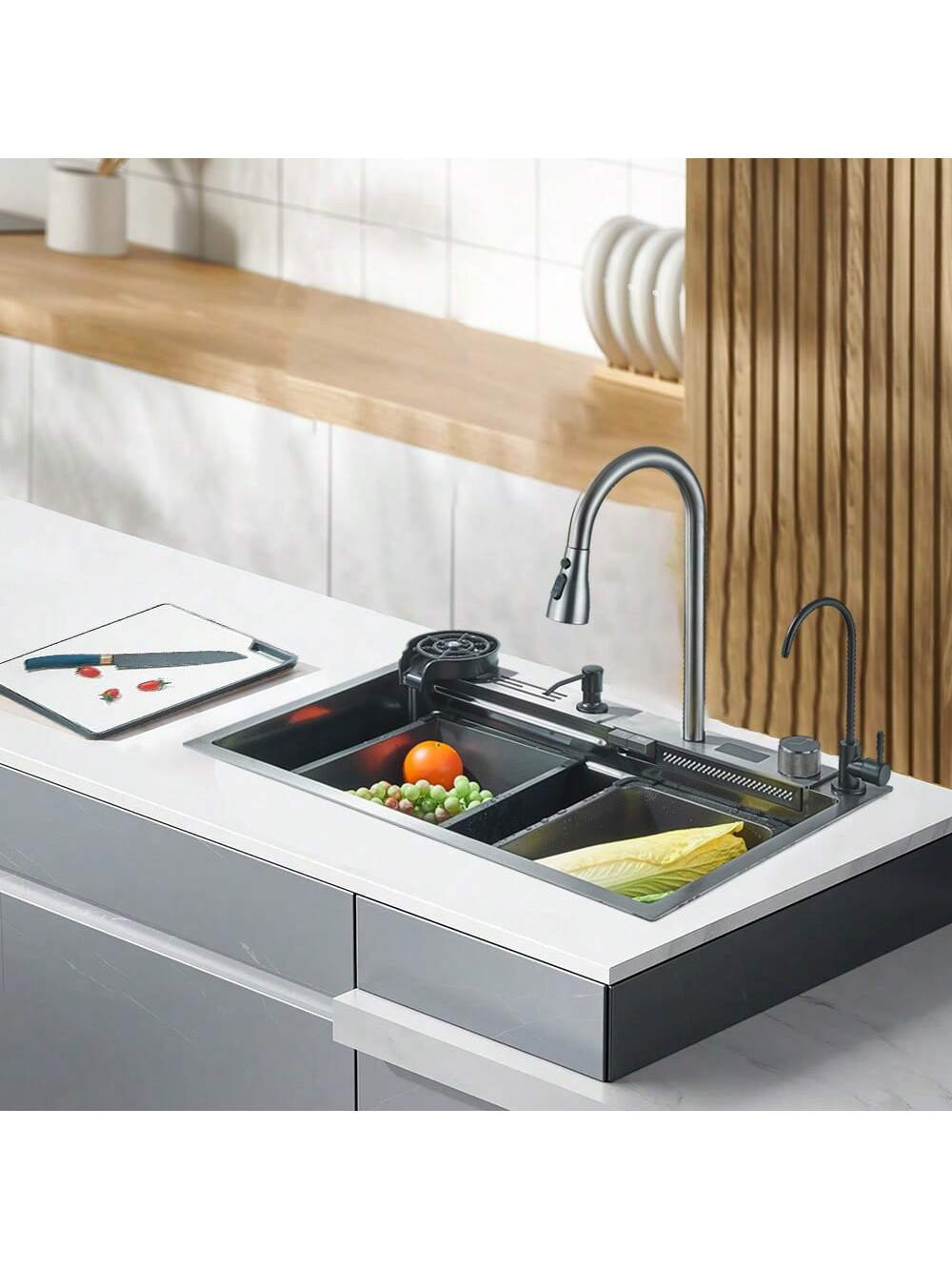 Nabiyy Kitchen Sink Stainless Steel Sink Set Waterfall Spout Pull-Out ...
