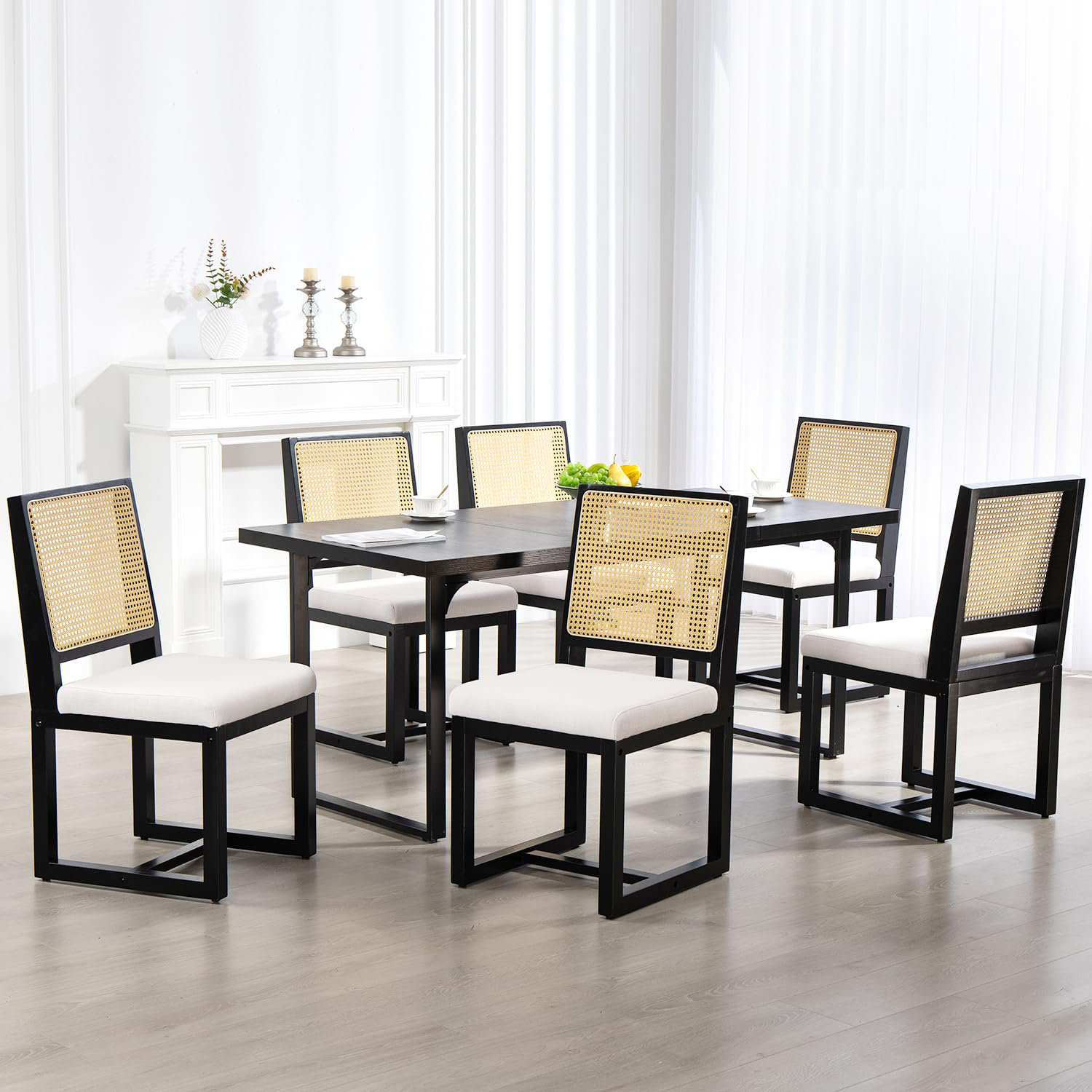 Bayou Breeze Carletto Upholstered Modern Rattan Dining Chairs, Armless ...