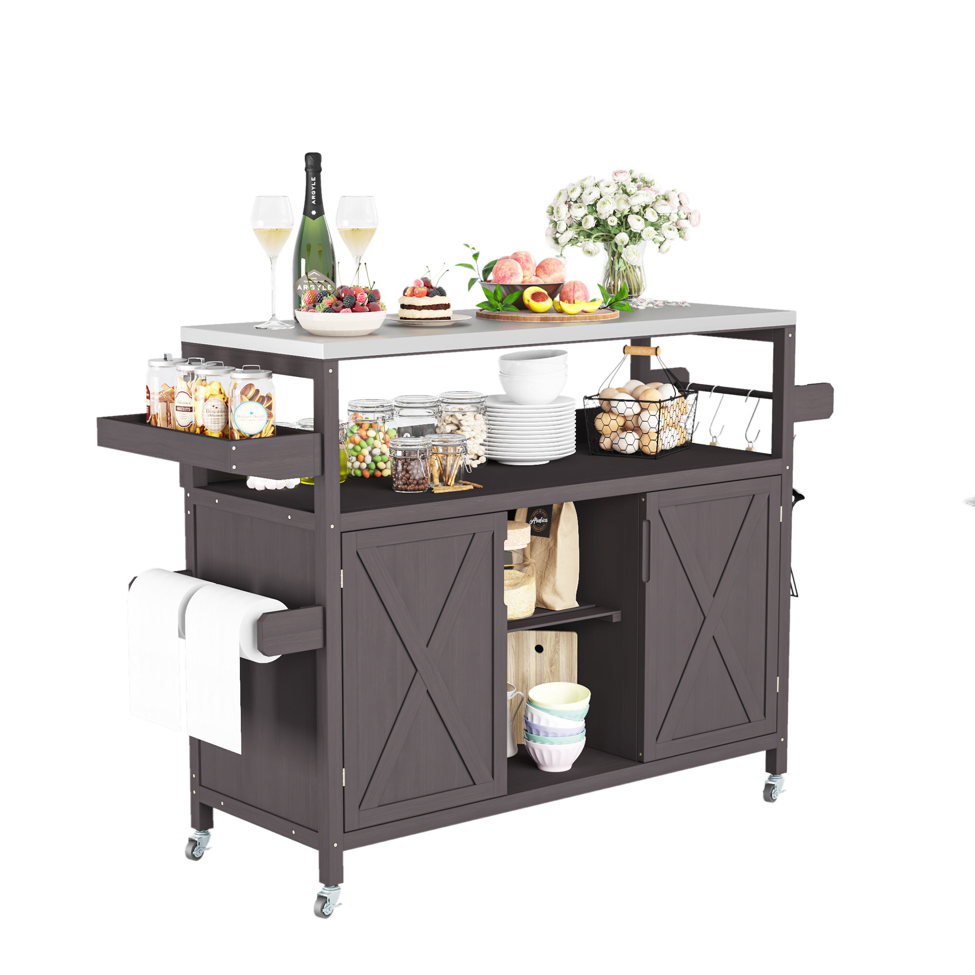 LUBMIA 50'' Outdoor Solid Wood Kitchen Island Cart, Rolling Bar Cart ...